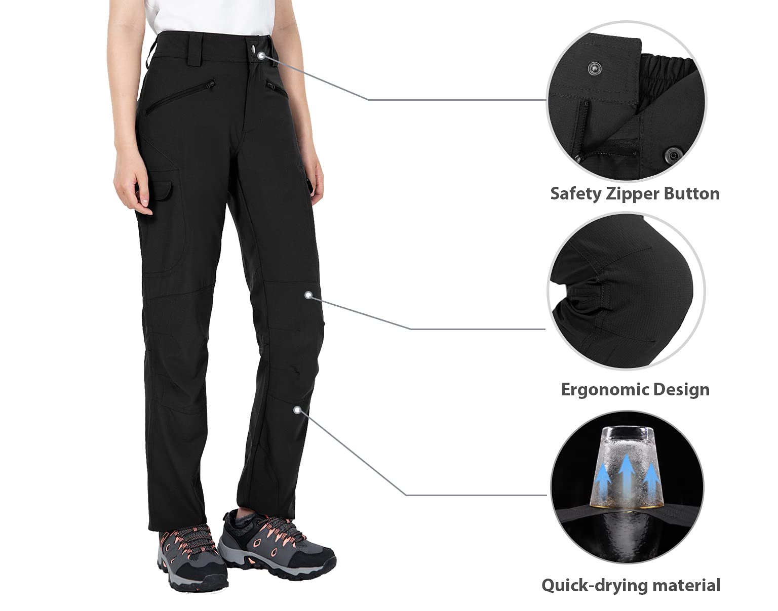 Gouxry Womens-Hiking-Pants Golf Cargo Quick Dry Travel Outdoor Pants for Women (Black, M)