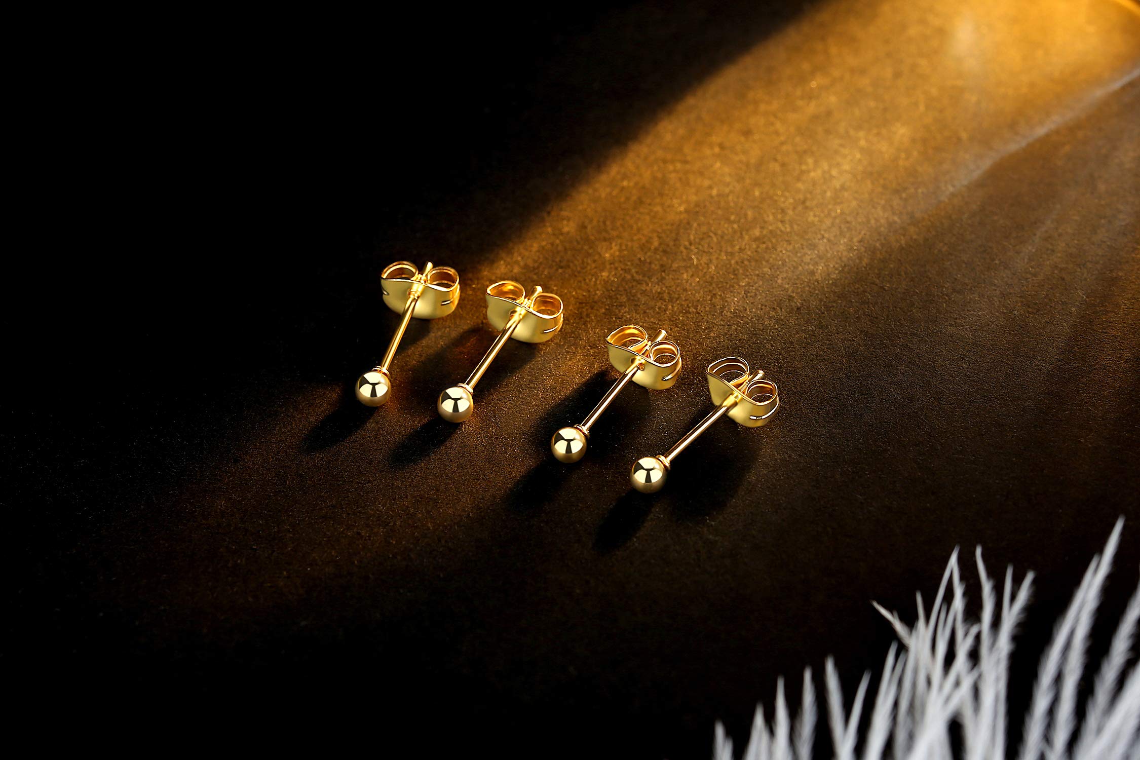 FOSIR 6 Pair Tiny Women 14K Gold Plated Ball Stud Earrings Surgical Stainless Steel Earrings Set (3mm, Gold)