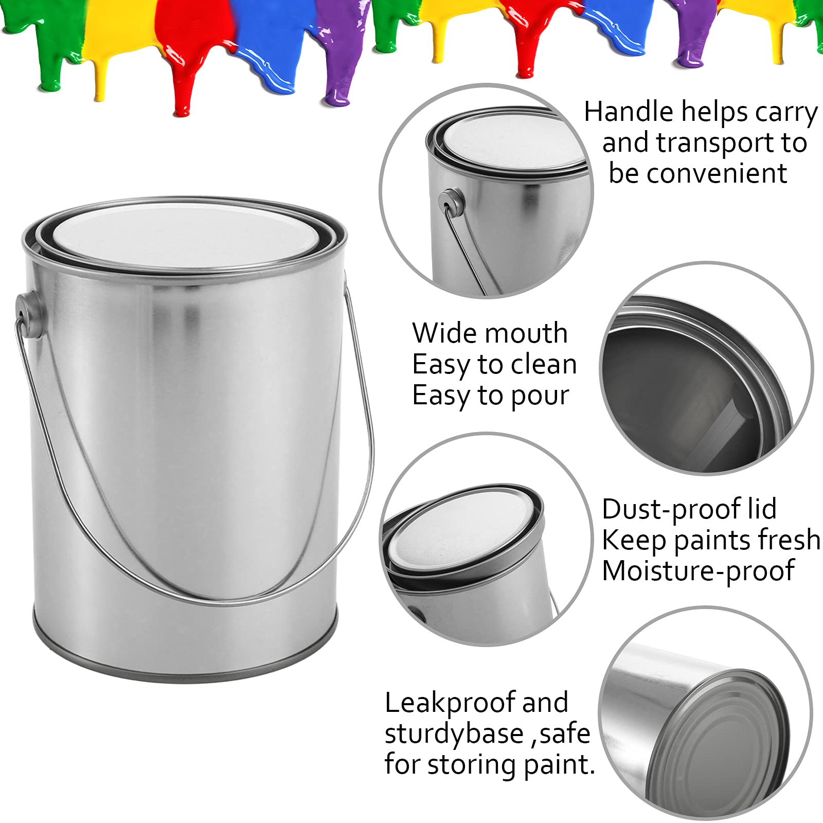 WUWEOT 4 Pack Empty Paint Can, Gallon & Quart Unlined Paint Pails, Metal Bucket Container with Lid, Handle and Spones for Paint, Varnish, Craft DIY Art Supply Storage