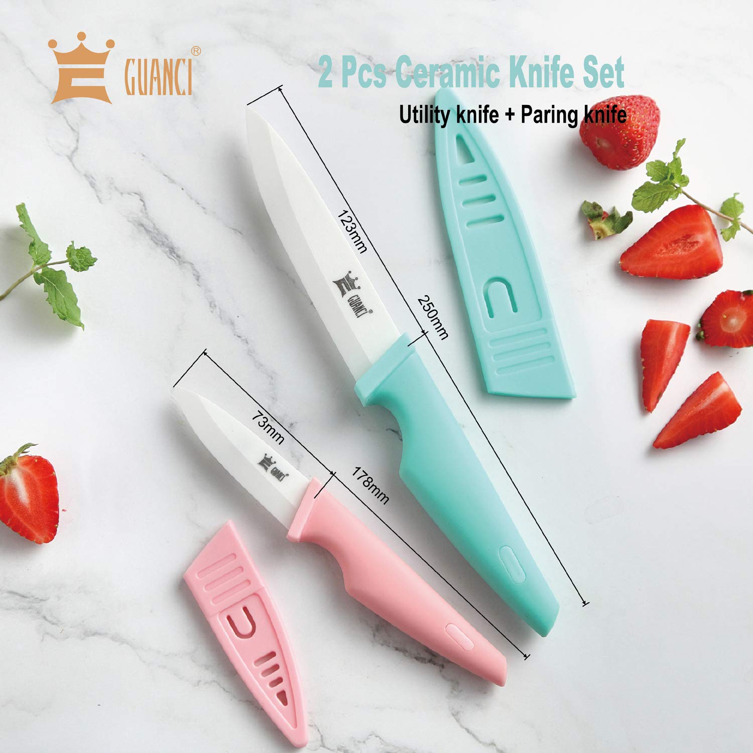 GUANCI Ceramic Chef's Knife&Paring Knife Set,3/5 inches Ceramic Blade with protective Sheath,Vegetarian Knife