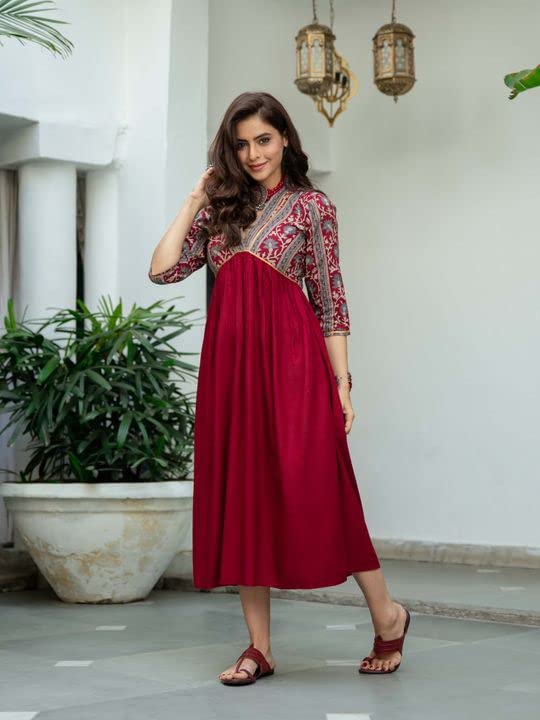 FIDOZA Women's Rayon Printed Anarkali Embroidery Kurti | Pakistani Style Rayon Printed Kurti For Women | Ready to wear (Red, L)