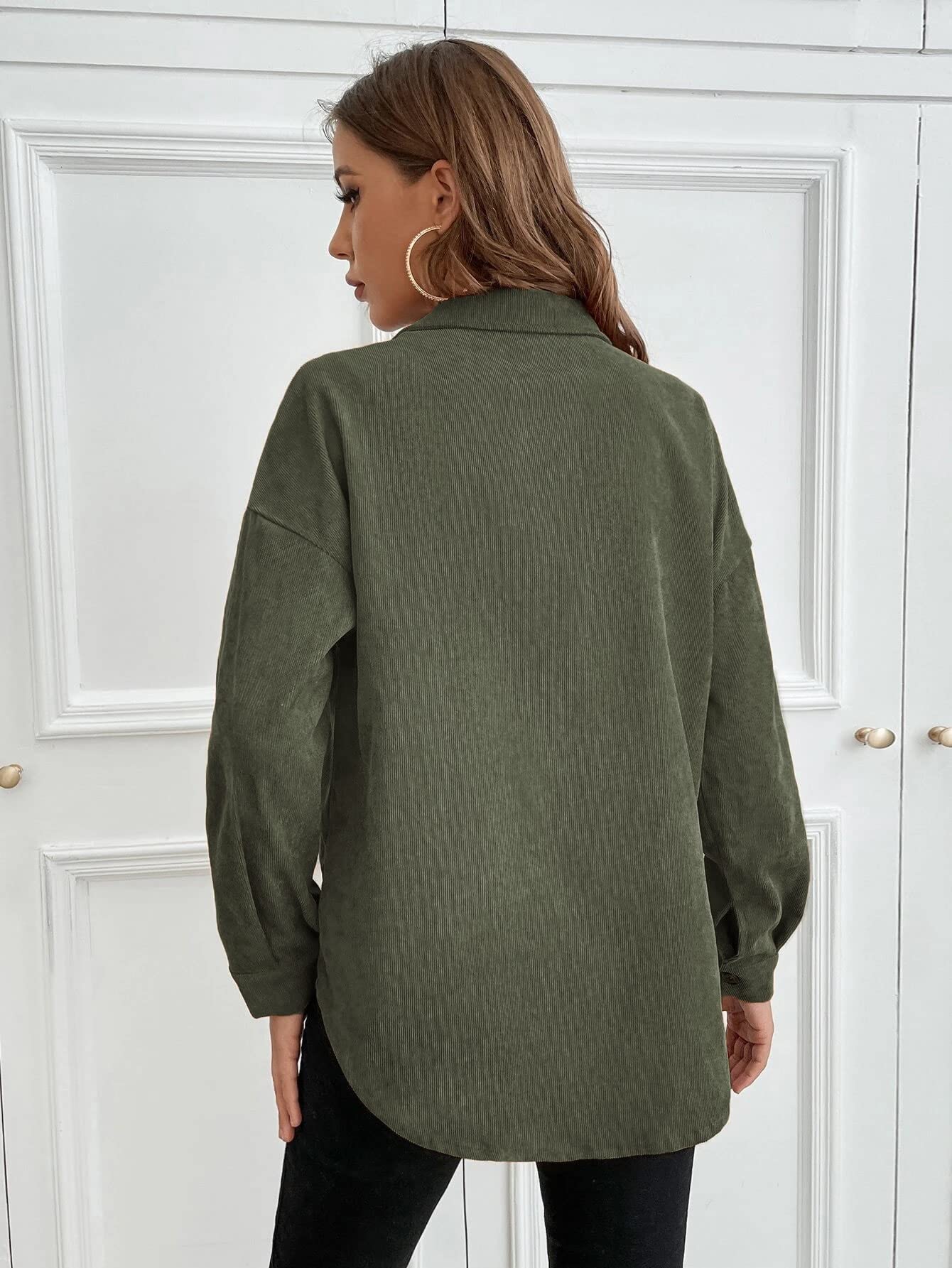 Floerns Women's Casual Long Sleeve Button Down Corduroy Shirt Blouse Top Army Green