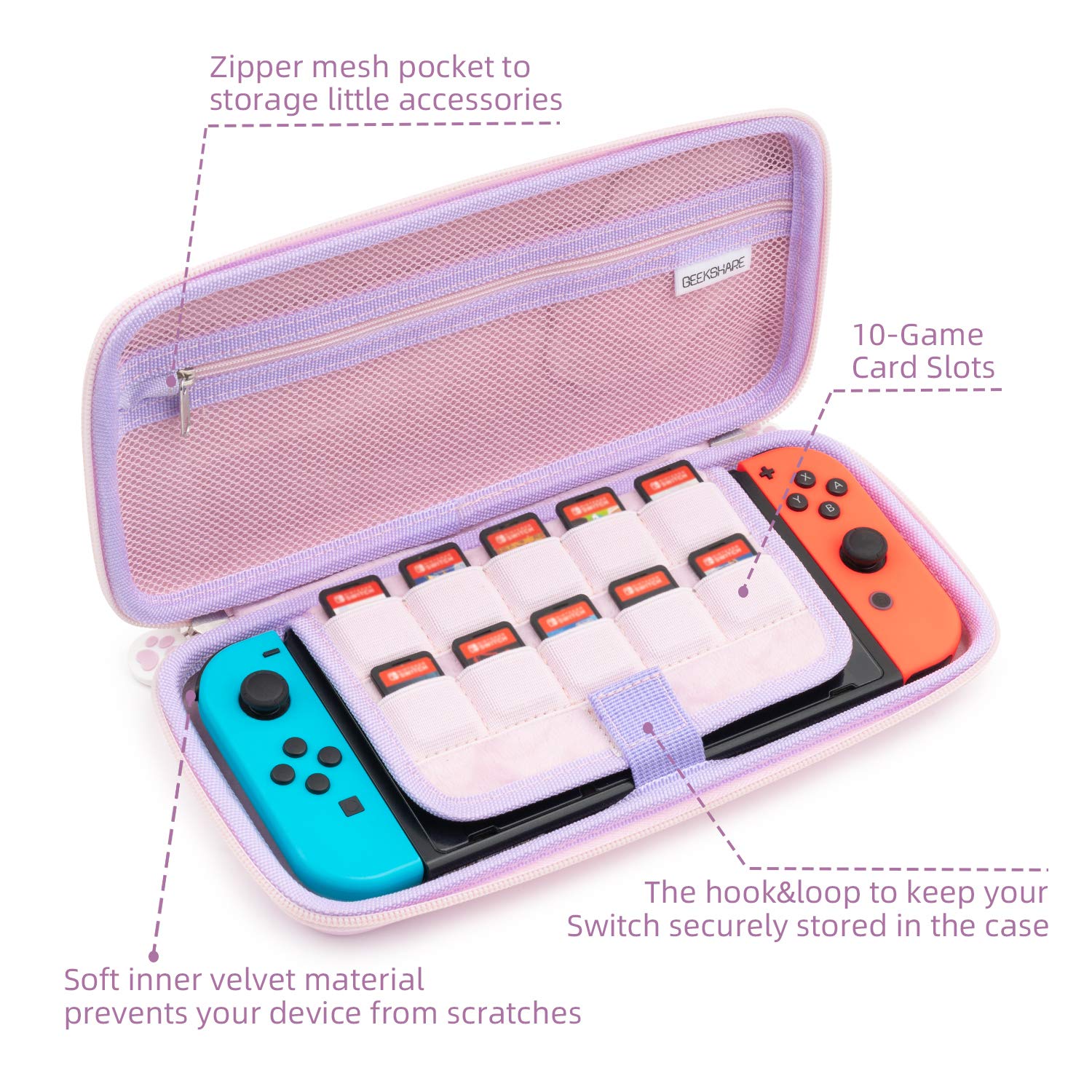 Geekshare Cute Cat Paw Case Compatible with Nintendo Switch/Switch OLED - Portable Hardshell Slim Travel Carrying Case fit Switch Console & Game Accessories - A Removable Wrist Strap (Purple)