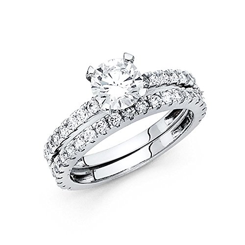 FB JEWELS 14K White Gold Cubic Zirconia CZ Wedding Band and Engagement Bridal Ring Two Piece Set Size 5