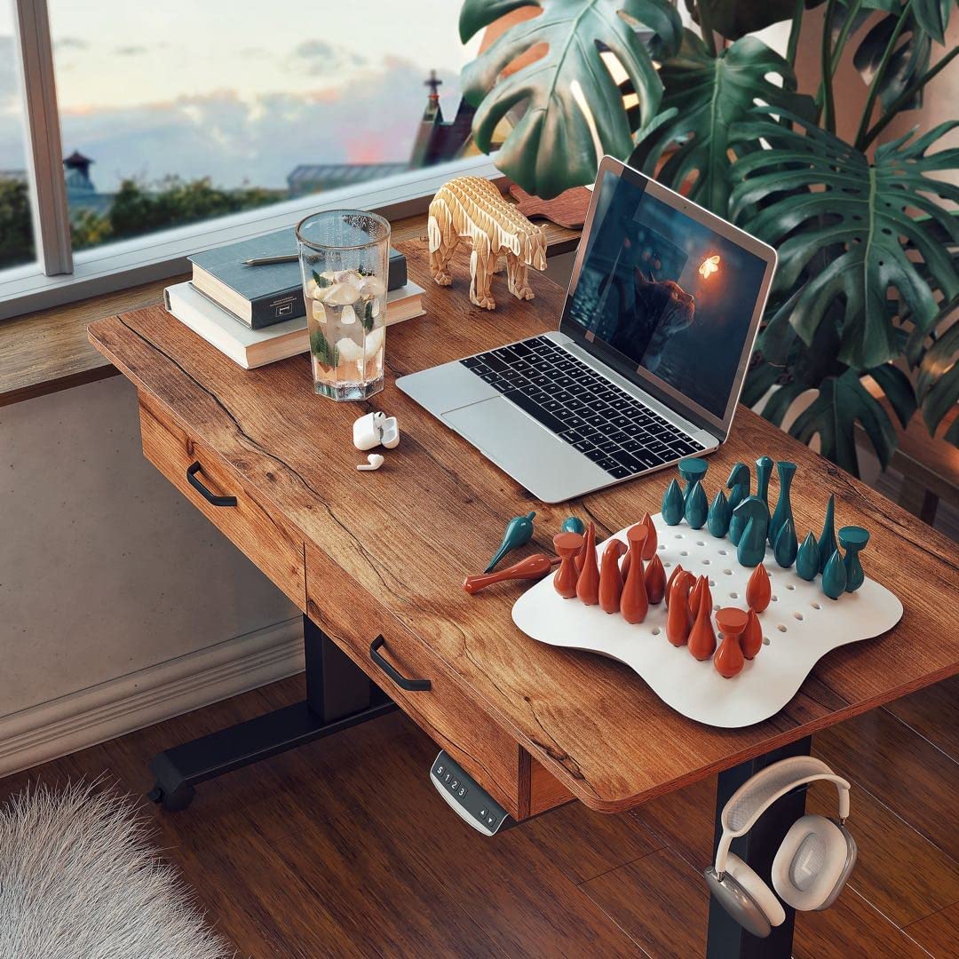 FEZIBO Height Adjustable Desk with 2 Drawers Storage and 3-Drawer Mobile File Cabinet