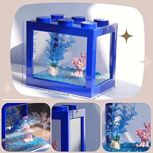 Small Betta Fish Tank, Stackable Mini Fish Tank Aquarium Tank Kit, 3/5 Gallon Rectangular Fish Bowl with Aquarium Gravel Decoration, Cube Tank for Seaweed Balls Sea Monkeys (Blue)
