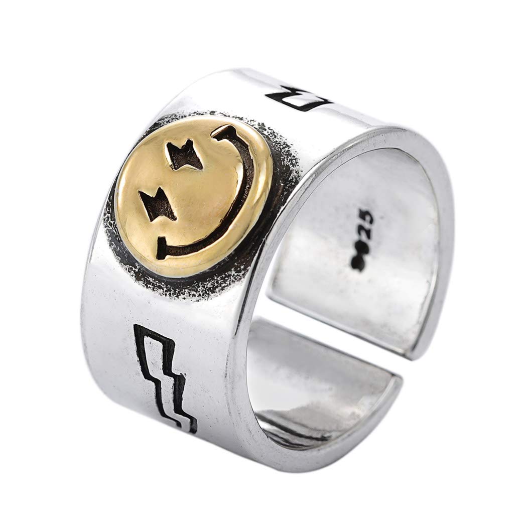 Fstrend Smiley Face Ring Vintage Stainless Steel Rings Retro Statement Band Adjustable Smiling Open Ring Jewelry for Women and Girls(Gold)