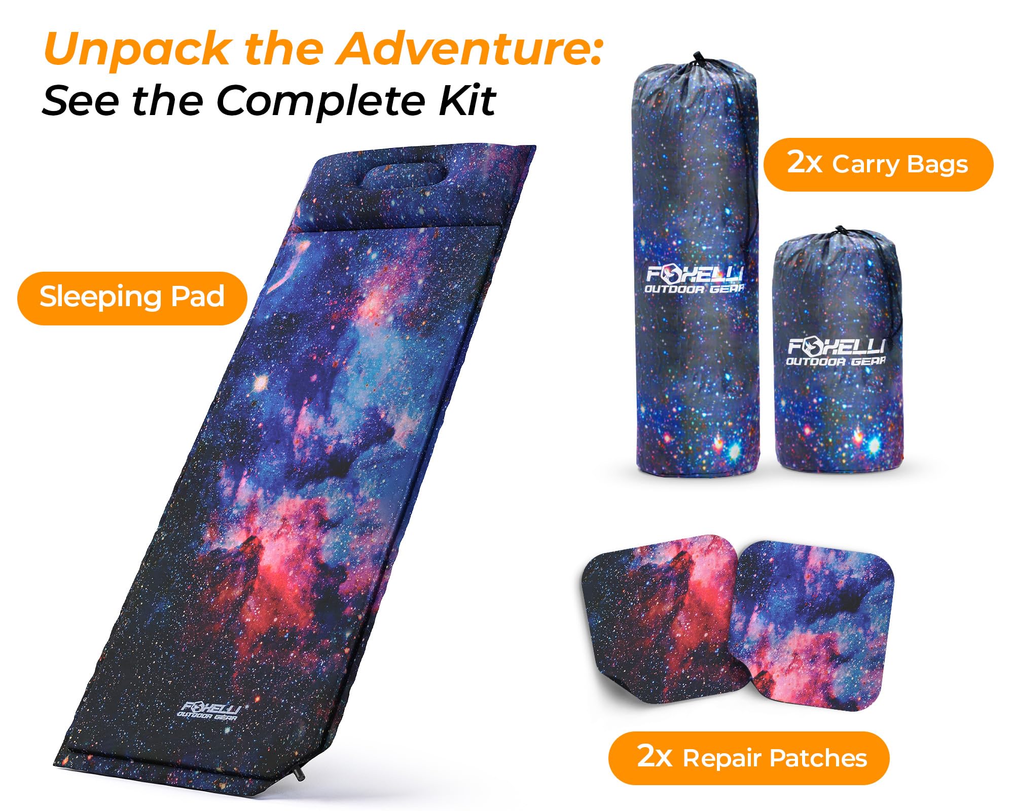 Foxelli Self Inflating Sleeping Pad for Camping, Backpacking, Hiking, Insulated Foam Lightweight Camping Mat, Inflatable Camp Mattress with Pillow