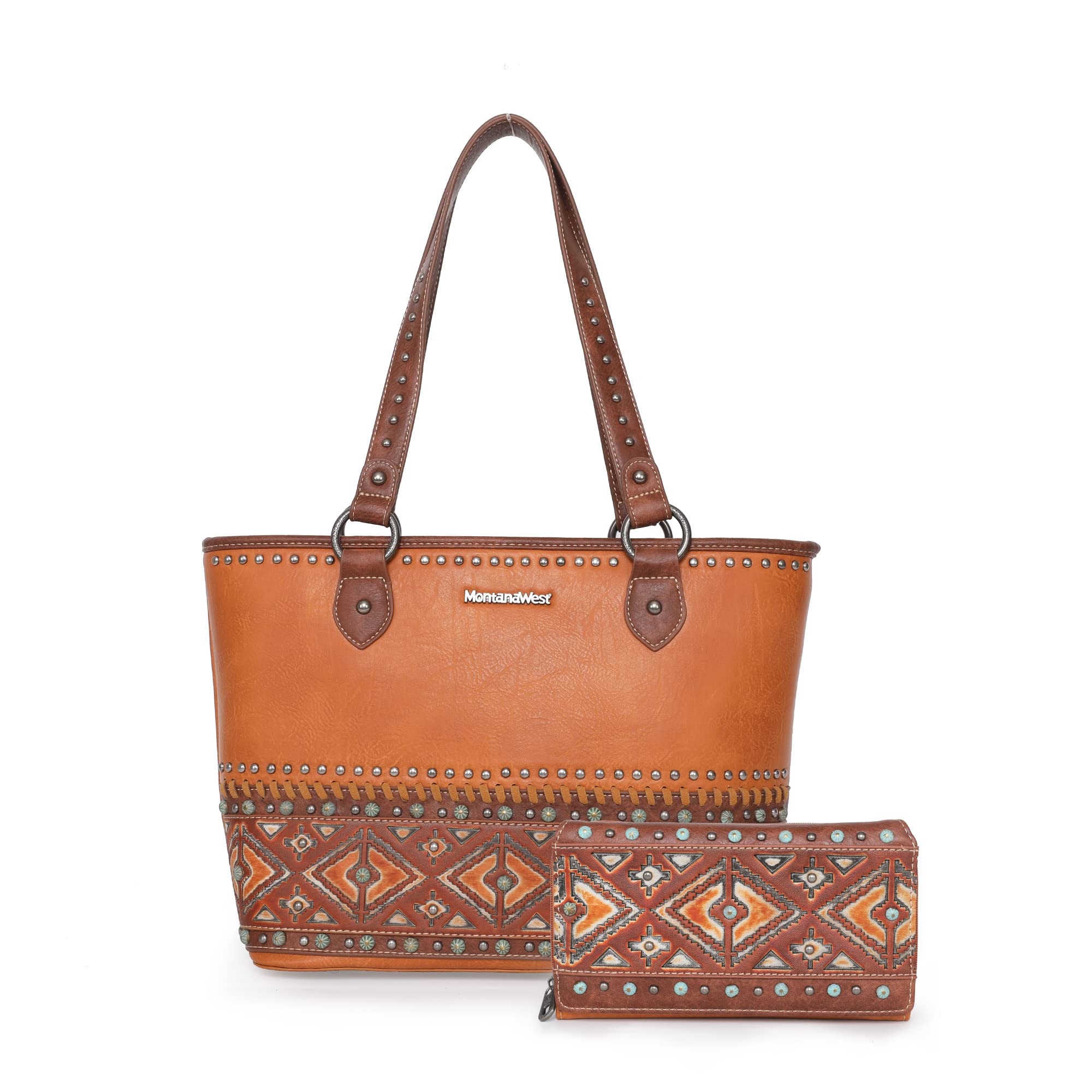 Montana West Western Tote Bag for Women Big Purses Shoulder Handbag Leather Purses with Wallet Aztec Tooled Collection MW1066G-8317BR+W
