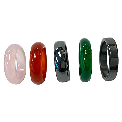 Gem Avenue Green and Light Pink Agate Hematite Carnalian Unisex Band Set Assorted Ring Sizes 6 to 9.5 Set of 5