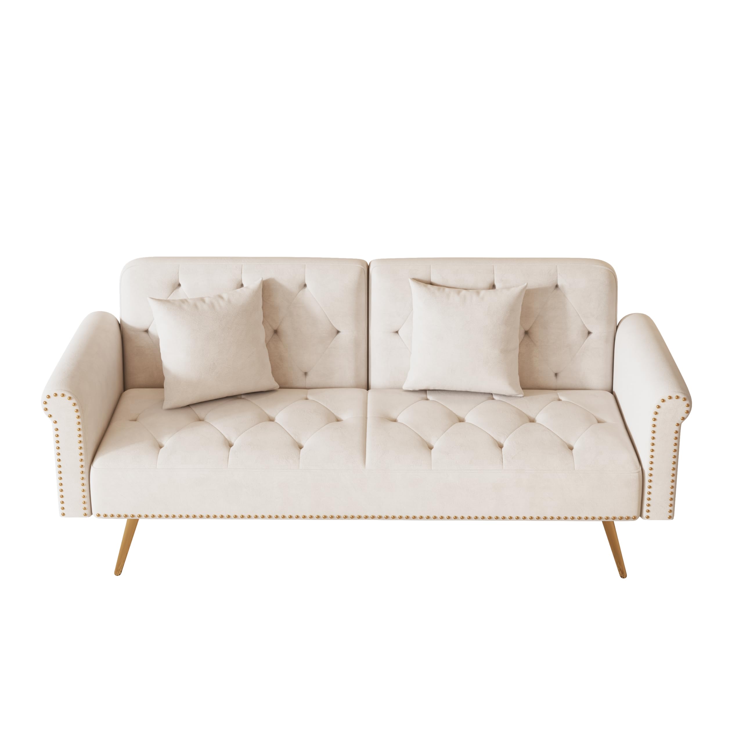FIQHOME 69.7" Futon,Convertible Folding Bed Couches with 3 Adjustable Backrests,Velvet Nail Head Reversible Sleeper Sectional Sofa with Throw Pillow,for Living Room Apartment,Beige