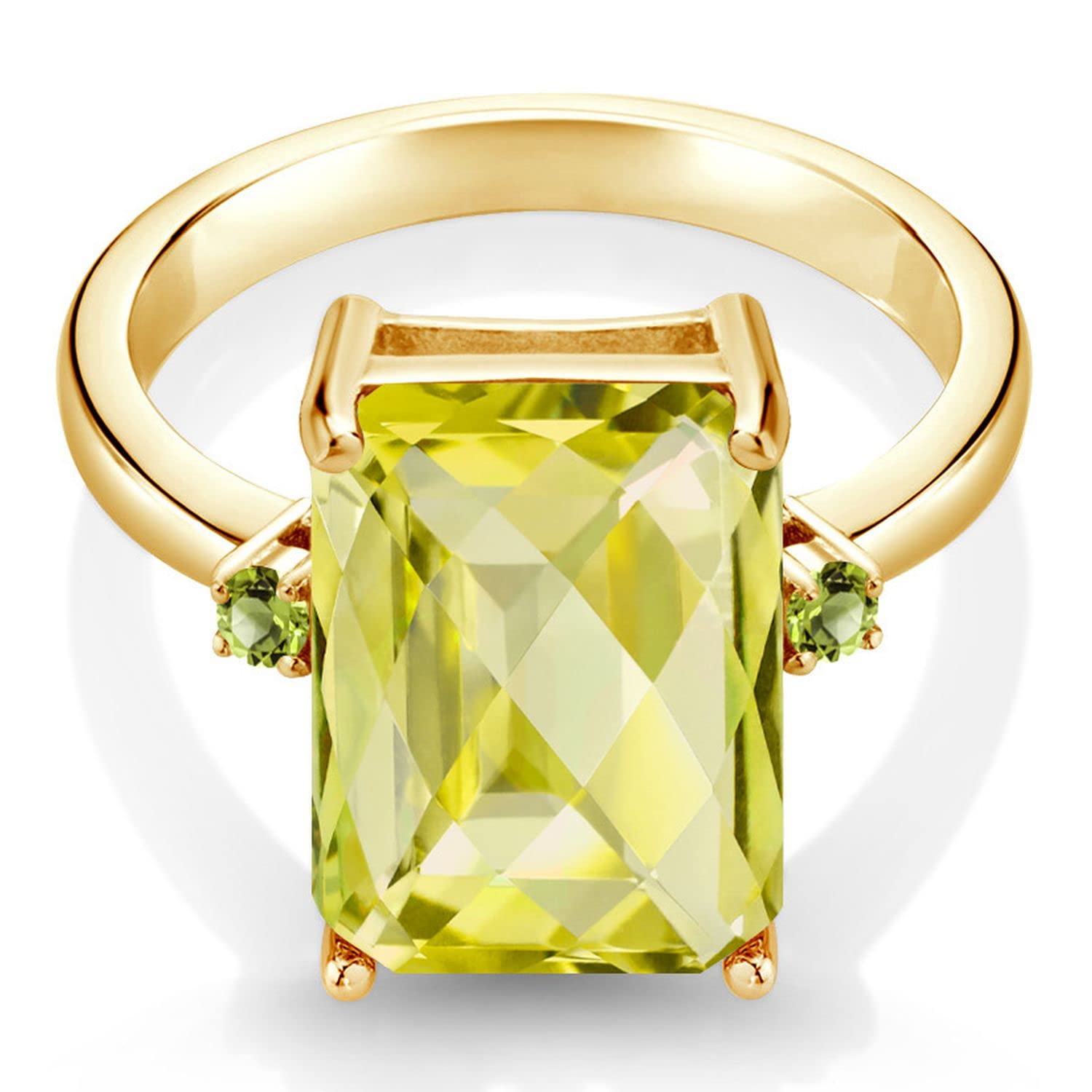 Gem Stone King 18K Yellow Gold Plated Silver Yellow Lemon Quartz and Green Peridot Ring For Women (6.95 Cttw, Emerald Cut Checkerboard 14x10MM, Gemstone Birthstone, Available In Size 5, 6, 7, 8, 9)