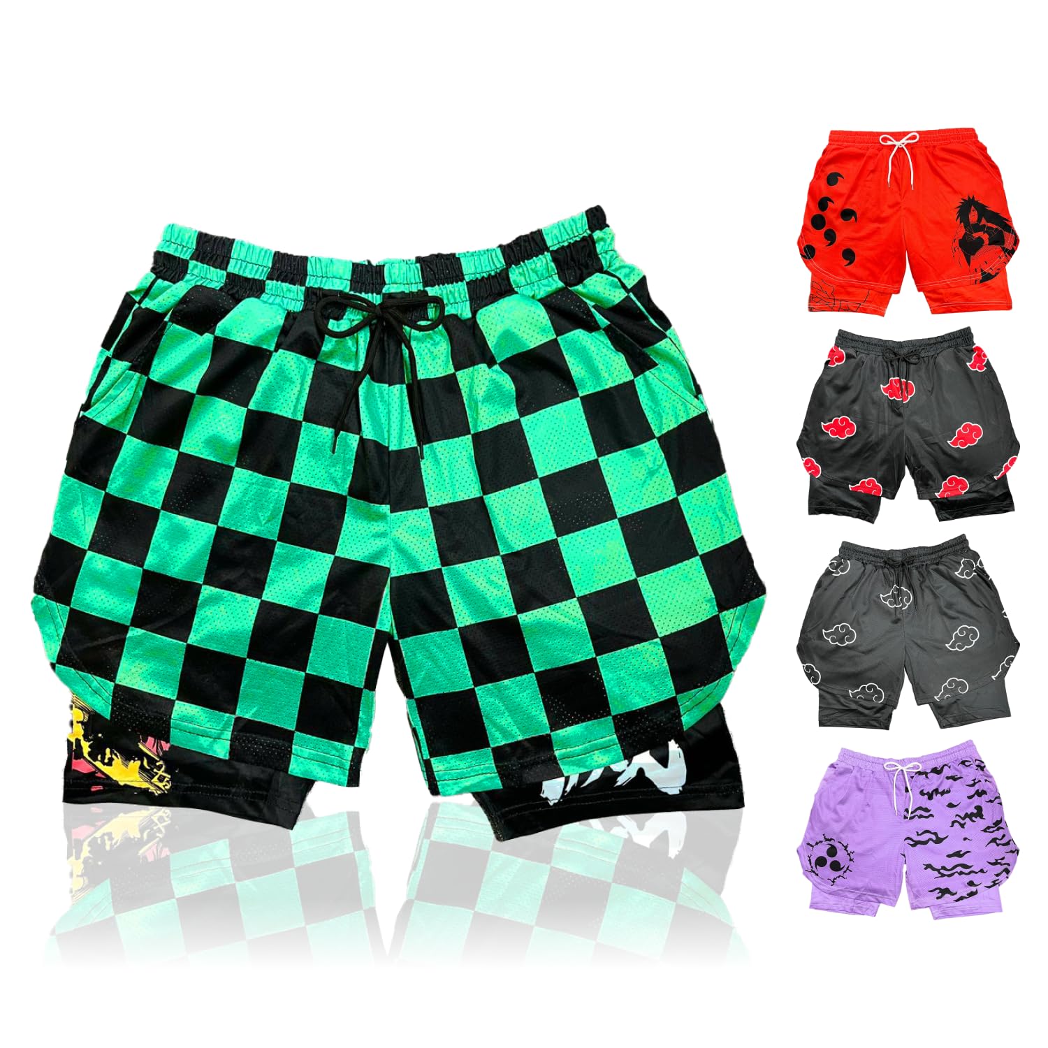 FOR KINGS. BY KINGS CROWN LMTD SUPPLY Anime Shorts - Breathable Mesh Stretch Compression Gym Short with Pockets and Towel Holder (L-GreenT)