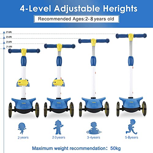 Wheelive 2 in 1 Kick Scooter with Removable Seat, 3 LED Wheels Kick Scooter for Kids, 4 Adjustable Height & Foldable Design Toddler Scooters Sit or Stand Ride for Boys & Girls 2-8 Years Old(Blue)