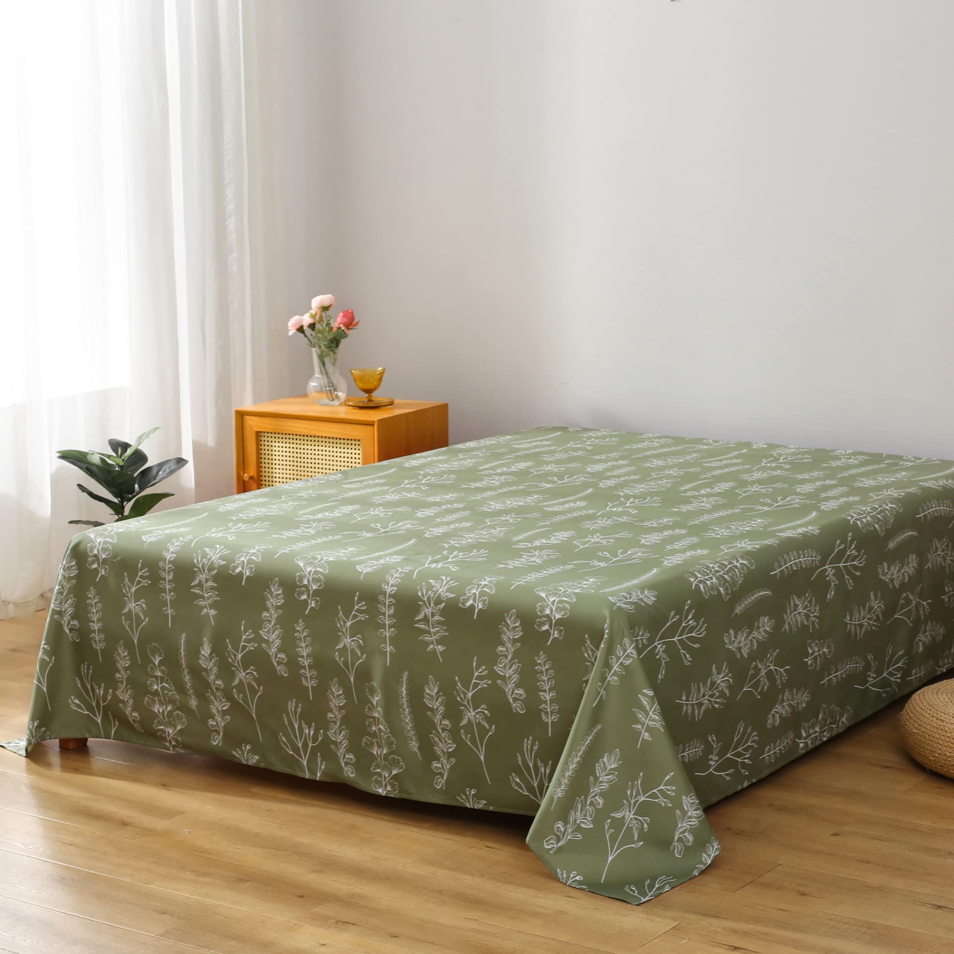 FULTEMPS Floral Sheets Set, Premium 100% Microfiber Flowery Beding Set Elegant Gingko Leaf Printed Farmhouse Bedding White Plants Deep Pocket Fitted Bed Sheets (King, Sage Green)