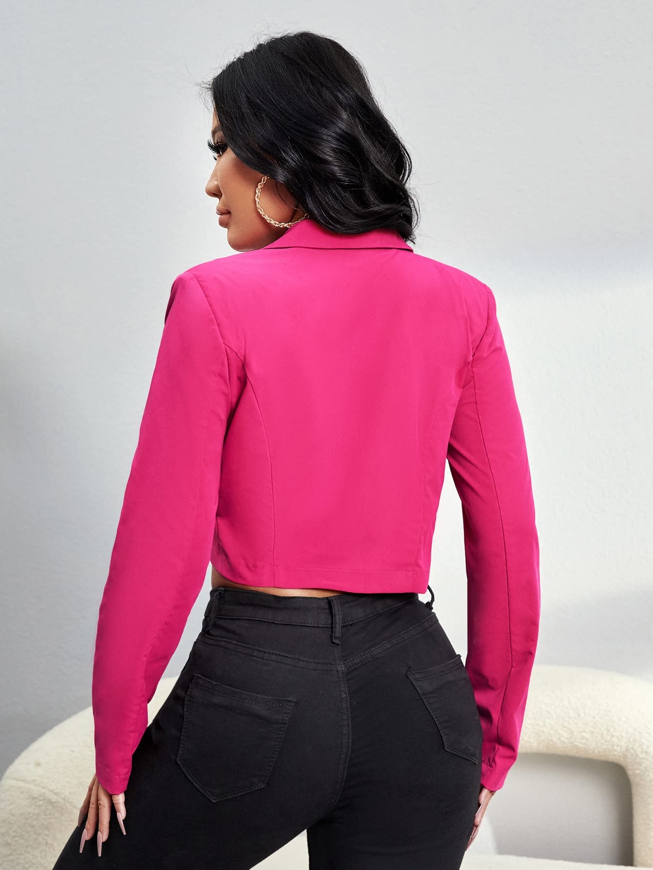 Floerns Women's Lapel Collar Single Breast Long Sleeve Crop Top Blazer Jacket Hot Pink M