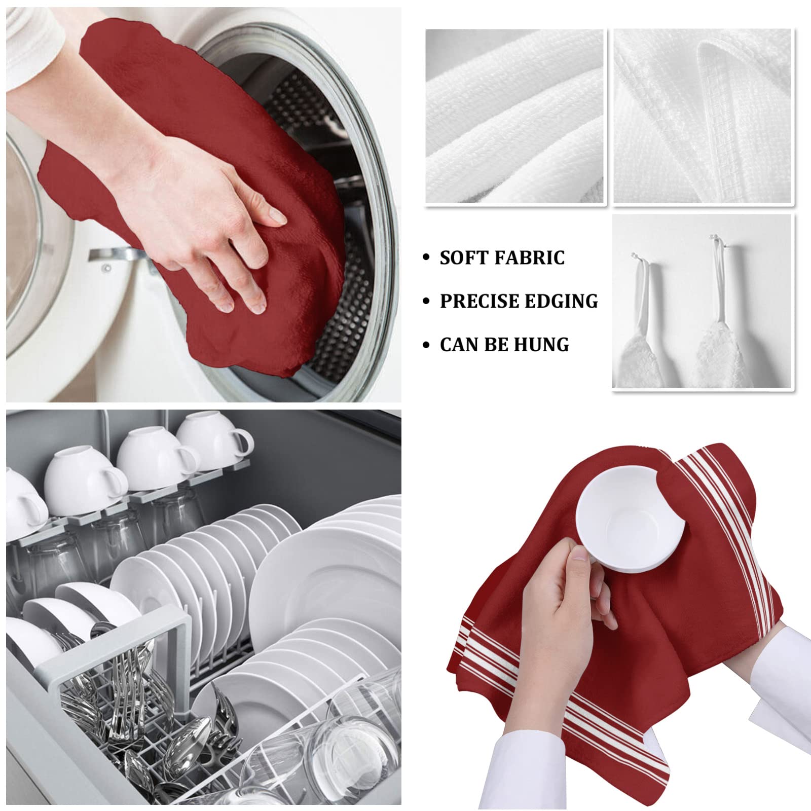 Kitchen Towel Set, Red White Stripe Fast Drying Microfiber Kitchen Towels Dish Cloths, Tea Towels/Bar Towels/Hand Towels Country Farmhouse Modern Rustic (Set of 4, 18x28 Inch)