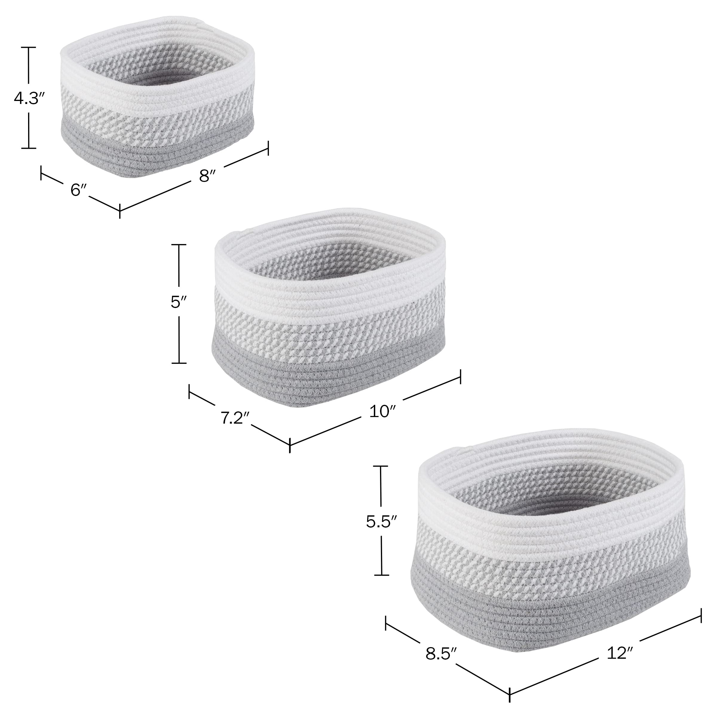 Home-Complete 3-Piece Set Small, Medium, and Large Rope Baskets for Makeup, Towel, Nursery, Office, and Classroom Storage, White and Gray