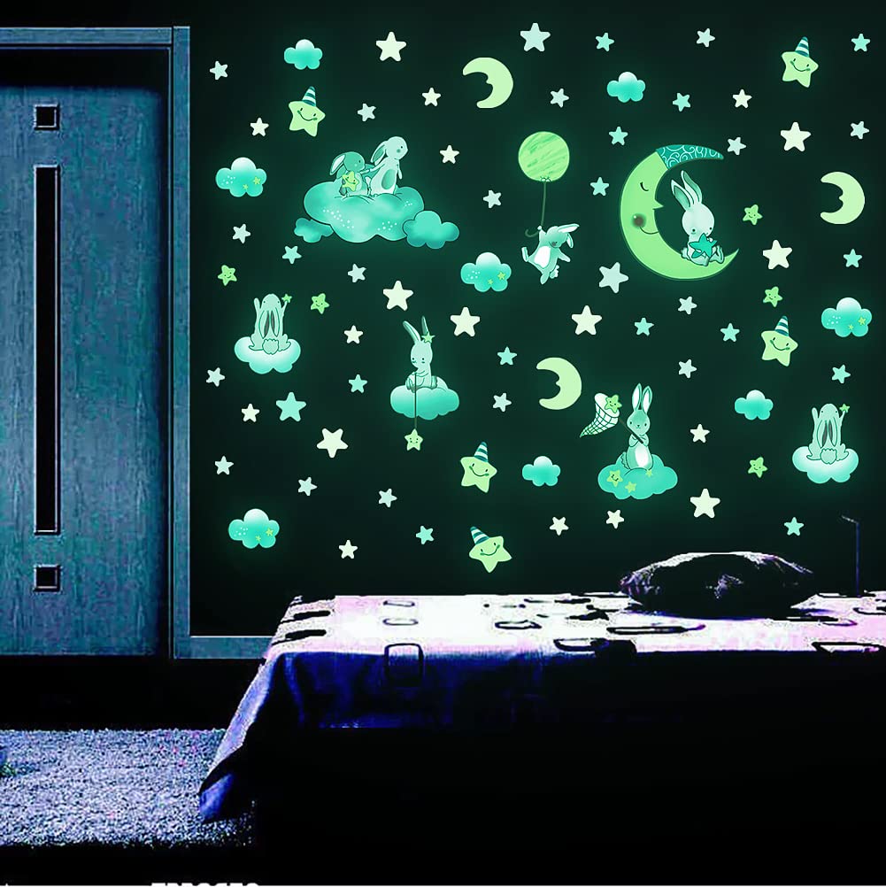 MESU Glow in The Dark Wall Decals Luminous Moon Stars Stickers Rabbit for Kids Bedroom Ceiling Decorate Starry Sky Star Rabbit