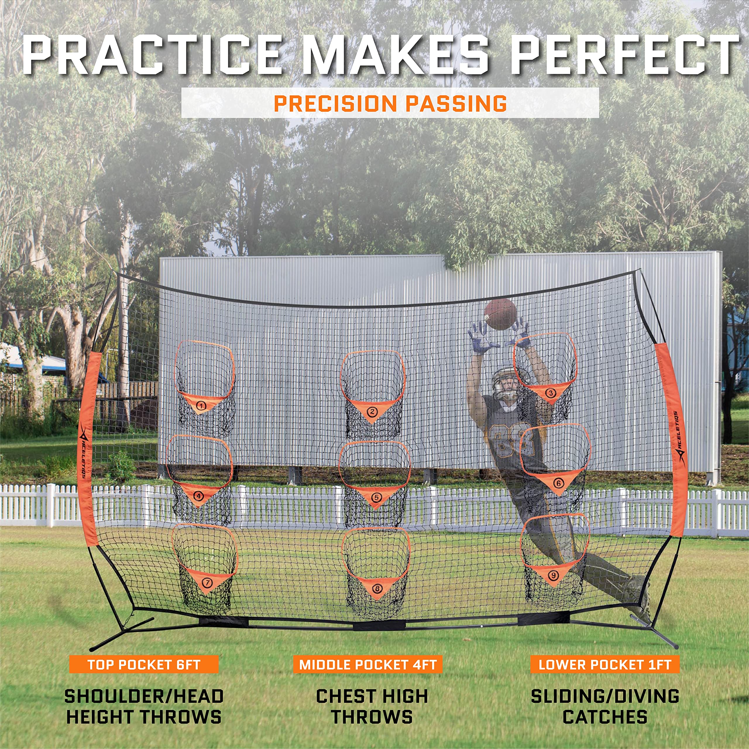Football Throwing Net | Portable Football Gear | Quarterback Throwing Practice Net | Improve Passing Accuracy | 12ft x 8ft with 9 Pockets [Carry Bag Included]