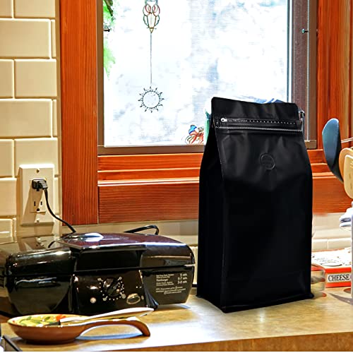 Resealable Coffee Bags, 50Pcs Stand Up Coffee Pouches with Valve and Side Zipper, Black Aluminum Foil Storage Bags for packaging food (1 LB, 16 oz)