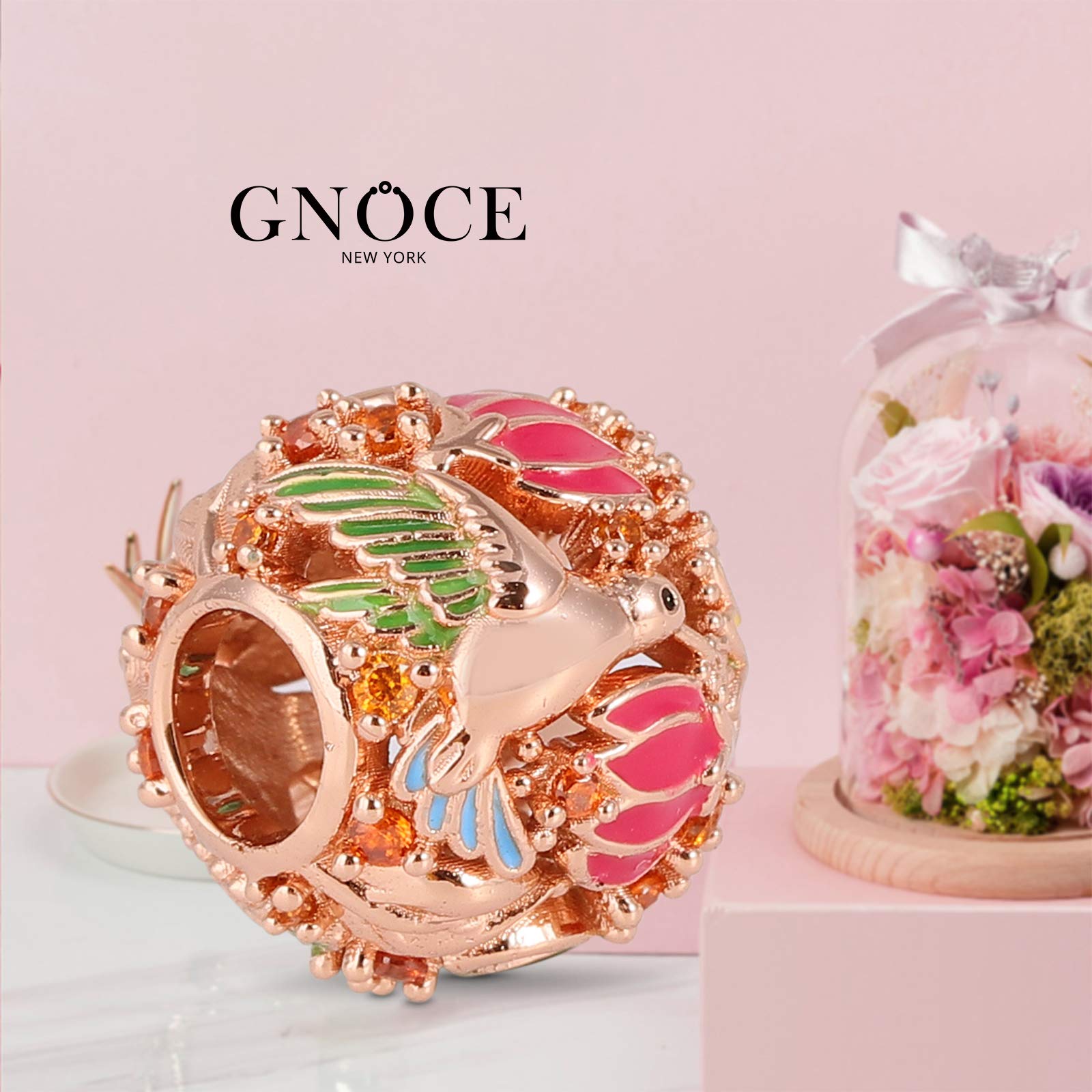 GNOCE Hummingbird Charm Bead 925 Sterling Silver 18k Rose Gold Plated Hollow Charms For Bracelet/Necklace Women …