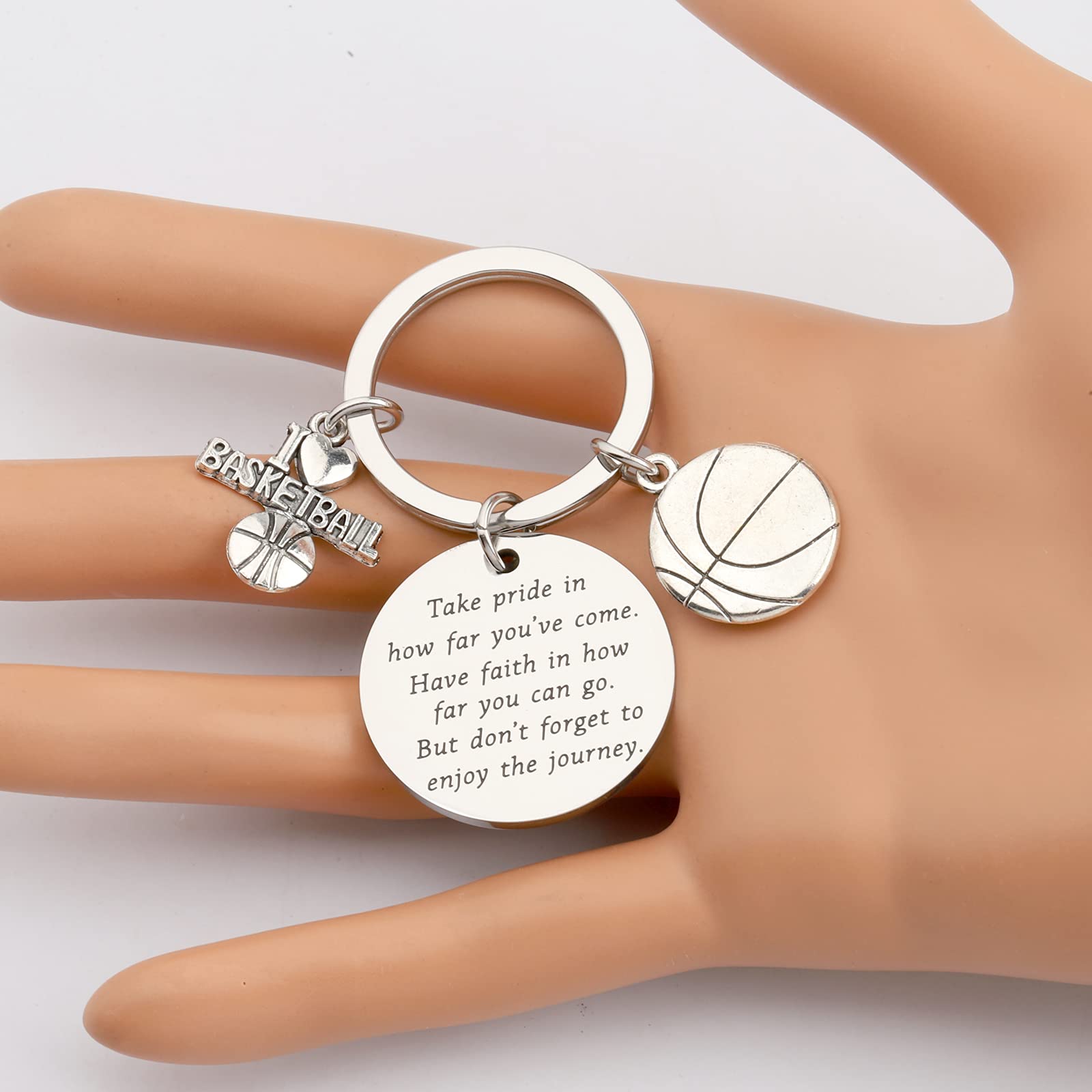 FUSTMW Basketball Keychain Basketball Lovers Gifts Basketball Player Gifts Take Pride In How Far You Have Come (silver)