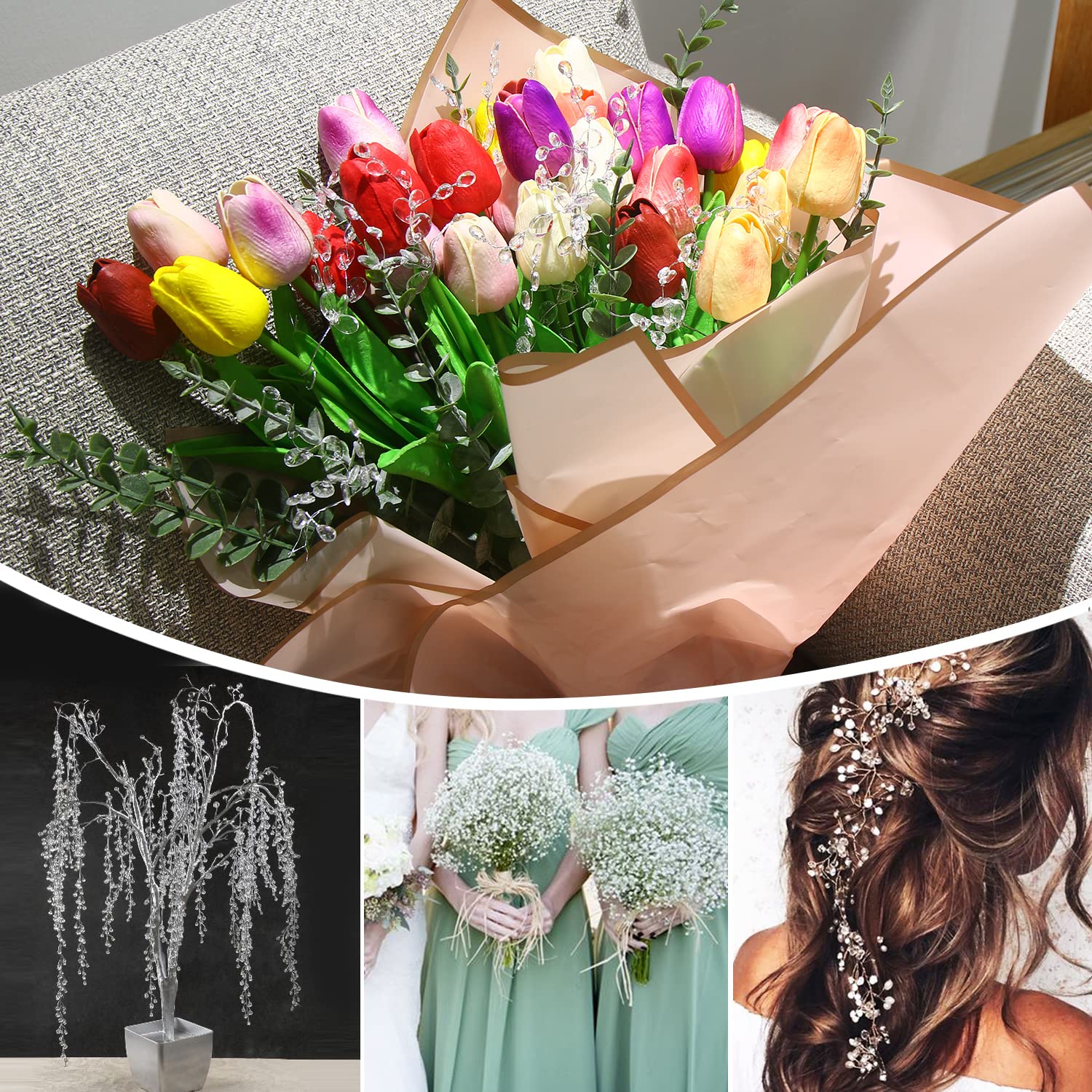 FOIMAS 50pcs Acrylic Bead Drop Stems Flower Bouquet Crystal Bud Branches Flower Twig Pick for Wedding Home Decoration Floral Decor Craft Supply