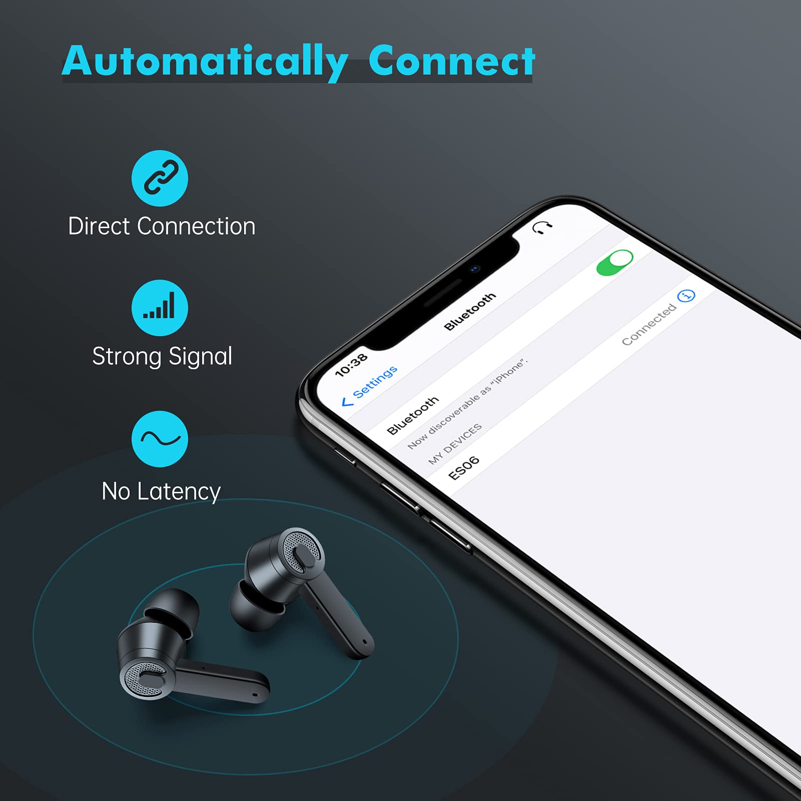 vinlley Bluetooth Headphones, True Wireless Earbuds, in Ear Running Earphones with Noise Cancelling Mic, Built-in Microphone, IPX7 Waterproof, Upgrade Wireless Headset for Laptop/Sports, ES06 Black
