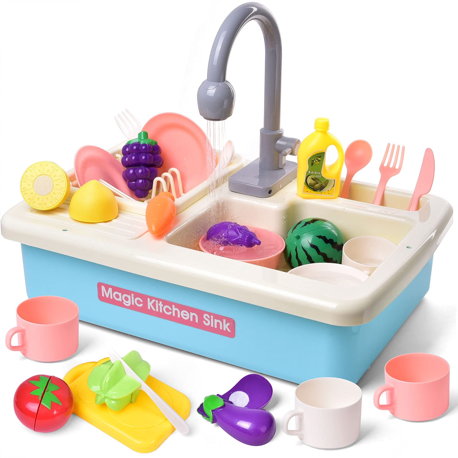 FUN LITTLE TOYS Pretend Play Kitchen Sink Toys with Play Cutting Food Water Toys Kitchen Set for Kids Play Kitchen Toys Toddler Kitchen Playset Sink Accessories for Kids Toddlers 29PCs
