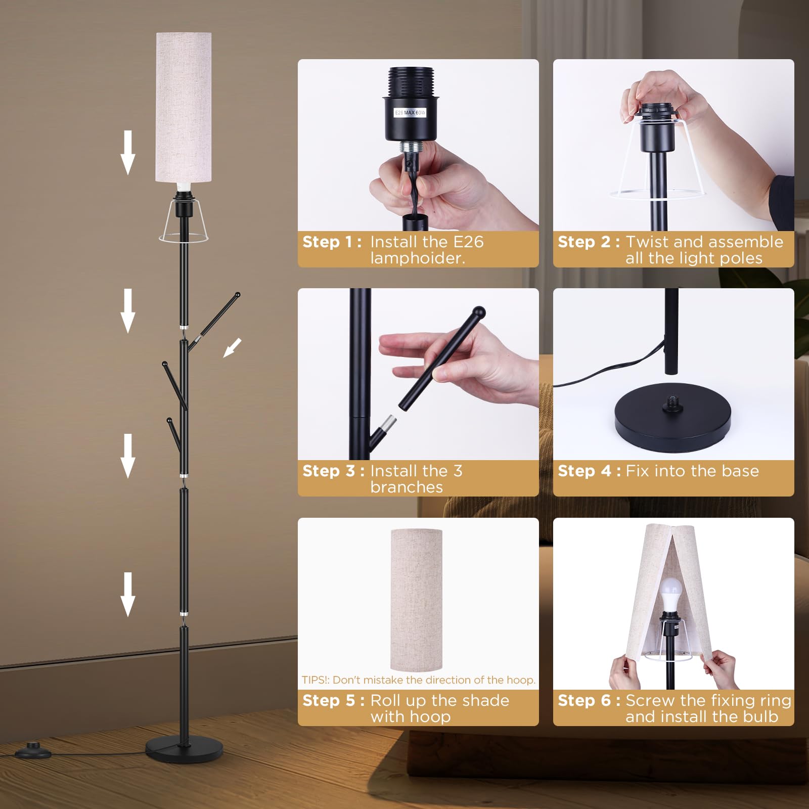 Floor Lamp with Coat Rack Stand, Dimmable Floor Lamps for Living Room with Replaceable Smart Led Bulbs, Standing Light Atmosphere Lamp with App/Remote/Footrest Control, 100-240V, Bulb Included