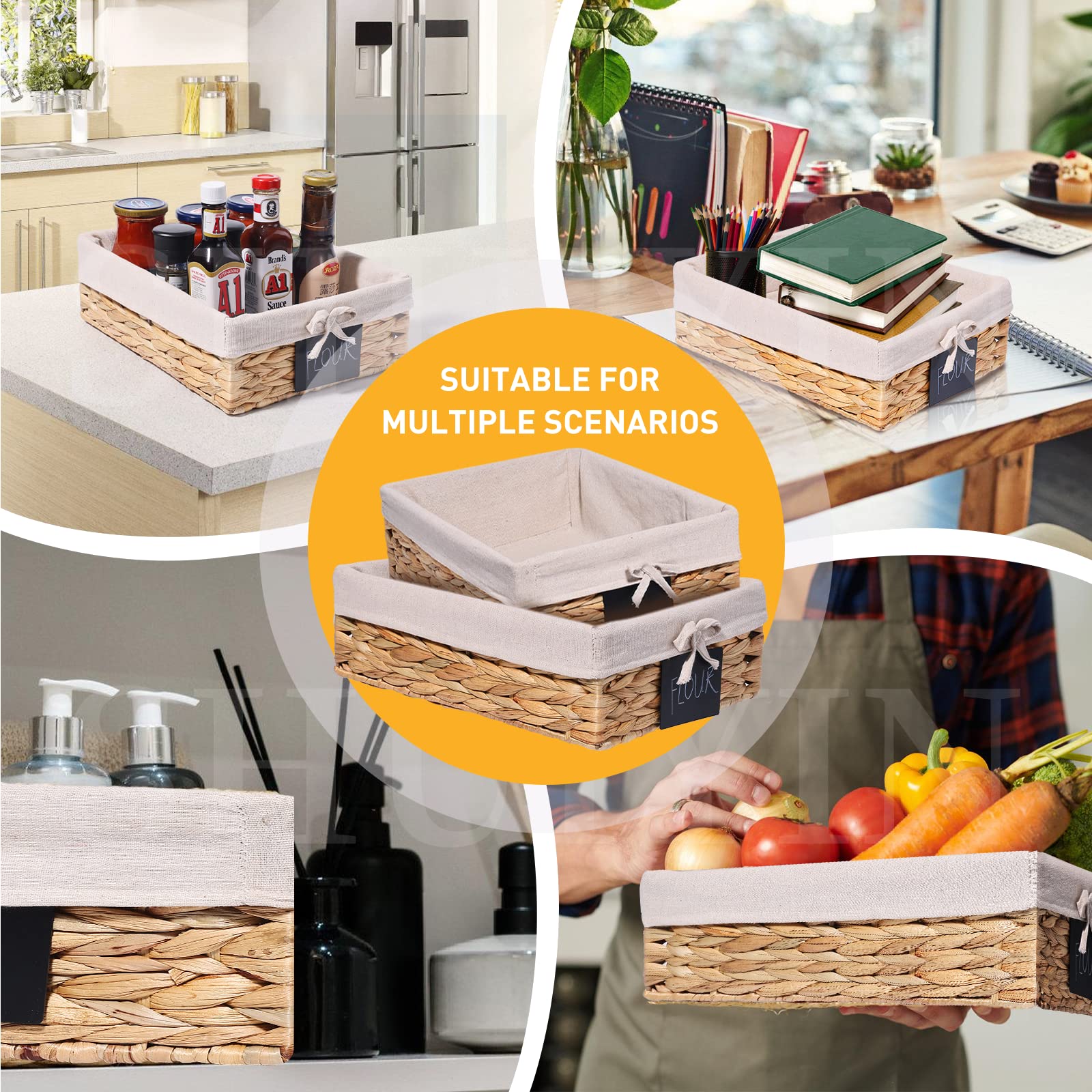 GUDE Water Hyacinth Storage Baskets, Set of 2 Handwoven Wicker Organizers Pantry Baskets Nesting with Handle, Chalkboard Labels & Chalk Marker,12 x 16 x 5 inches