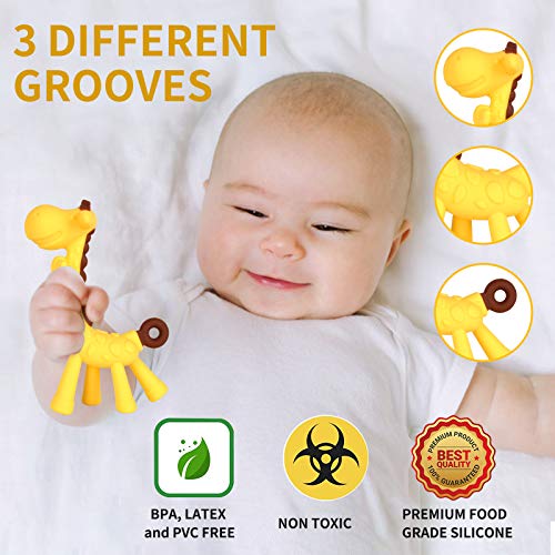 Fu Store Baby Teething Toys (7 Pack) for Newborn BPA Free Infant Toddler Silicone Fruit Giraffe Teethers Finger Toothbrush Strawberry Orange Peach Pear Soothe Babies Gums Set with Storage Case
