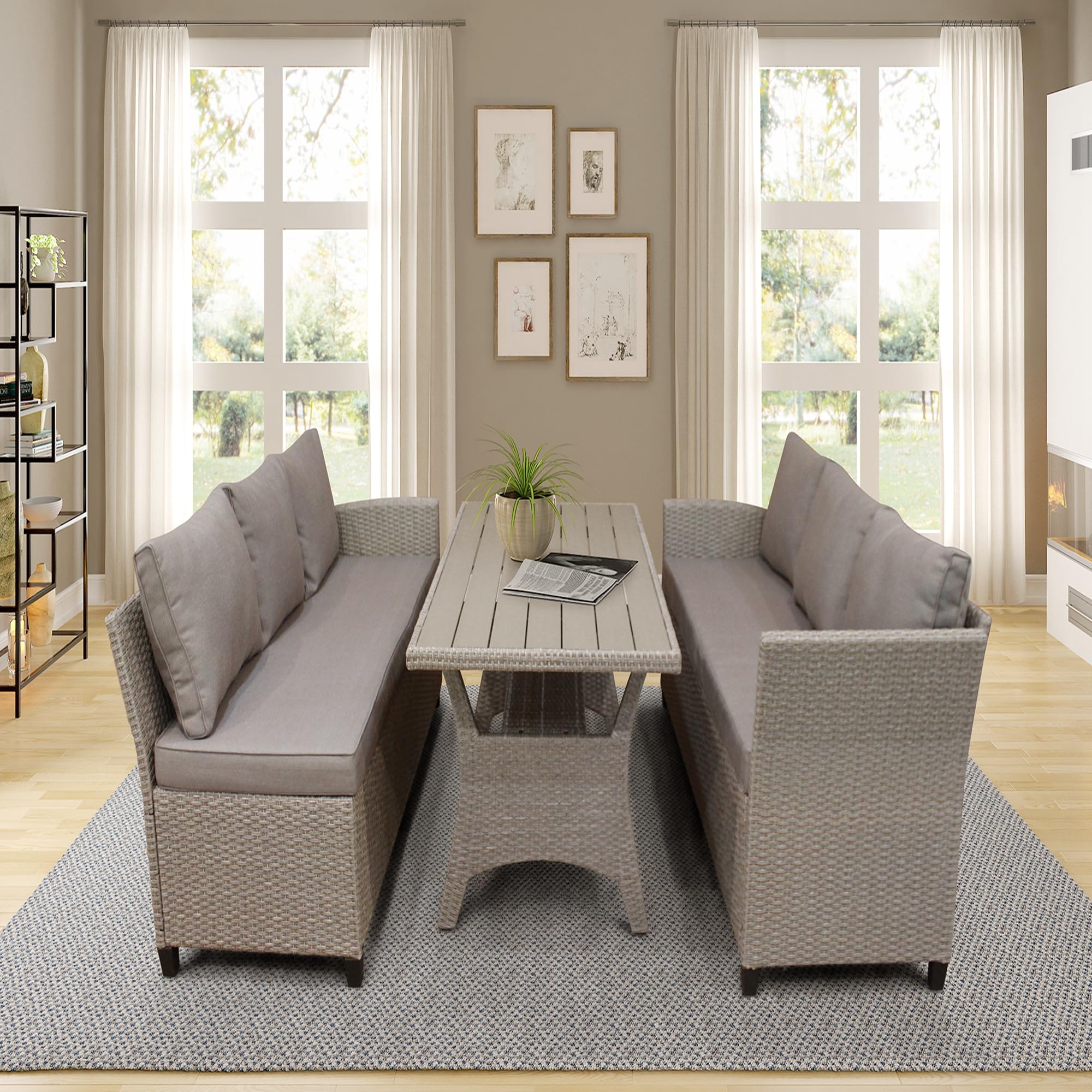 FOURBF Outdoor Patio Furniture PE Rattan Wicker Conversation Set All-Weather Sectional Sofa Set with Table & Soft Cushions (Brown)