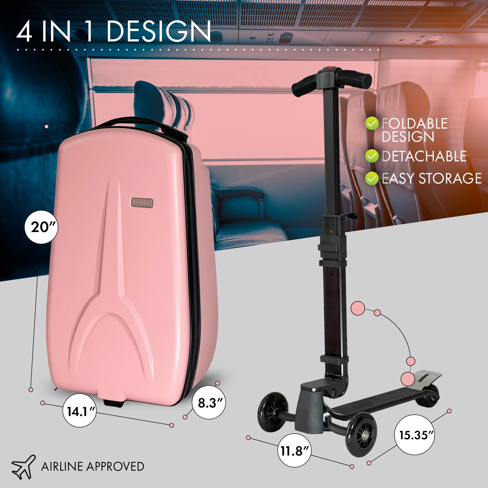 FLYBY X Updated Scooter Luggage For Kids, Multifunctional Detachable & Foldable Scooter Suitcase For Kids Ages 4-15 (Carry-On Ride on Suitcase Scooter Airline Approved)