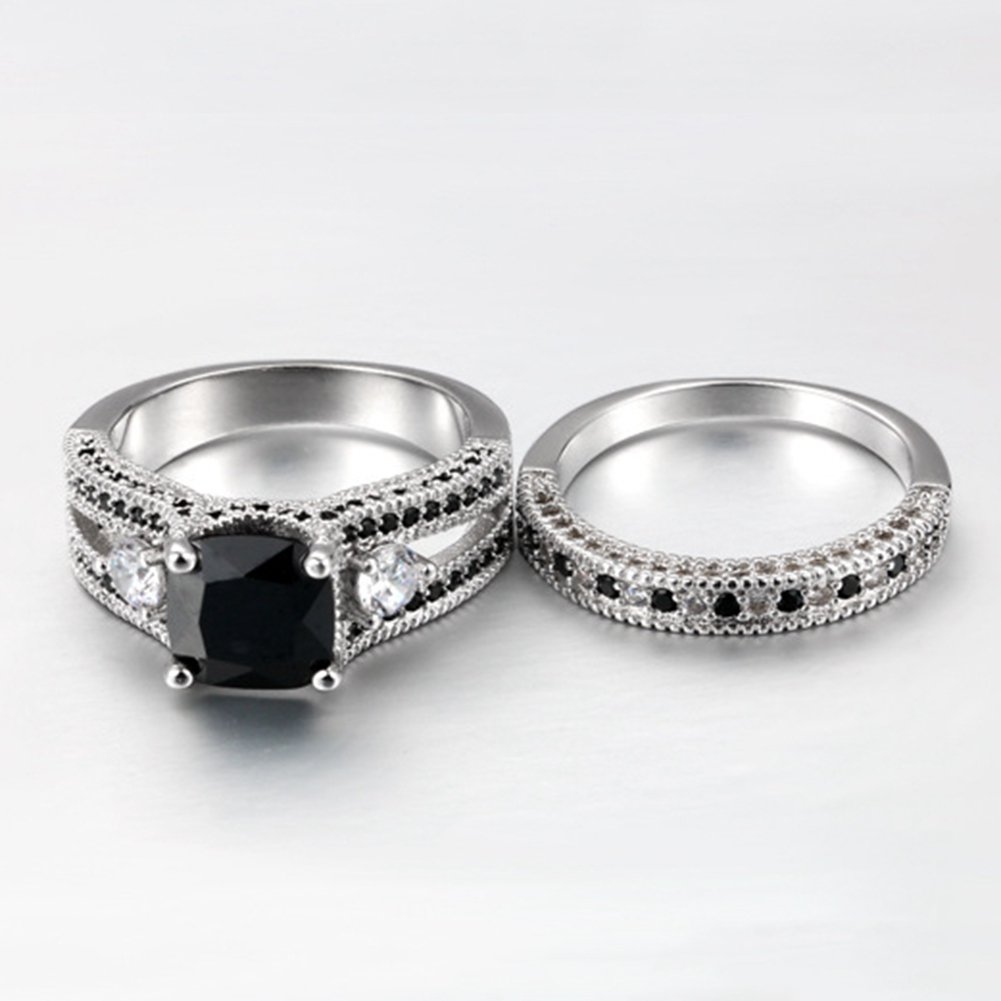 FENDINA Womens Luxurious 18K White Gold Plated Wedding Engagement Rings Princess Cut 2.5ct Created Black Diamond Solitaire Anniversary Promise Rings Set, 9