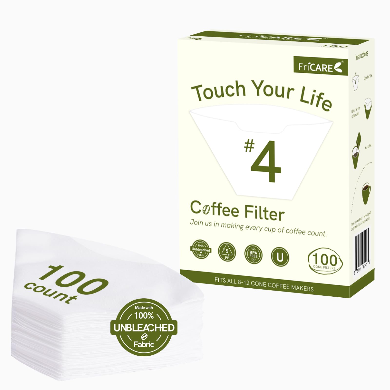 FriCARE Coffee Filters #4 for 8-12 Cup Ninja Coffee Maker CE251 CM401 - Unbleached Disposable Coffee Filter - No-break Confidence - Premium Cone Coffee Filter Replacement - White, 100 Ct