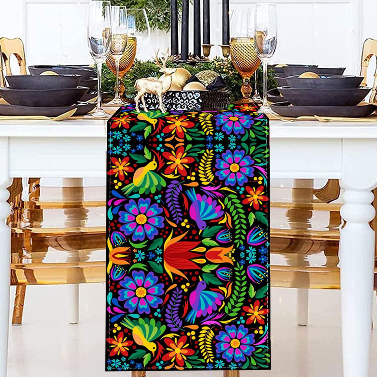 FUHSY Mexican Fiesta Table Runner Floral Linen Table Runner 13 x 72 Inch Dia De Los Muertos Decor Cinco De Mayo Mexican Theme Party Table Decorations Day of The Dead Serape Dinner Table Cloth Runner