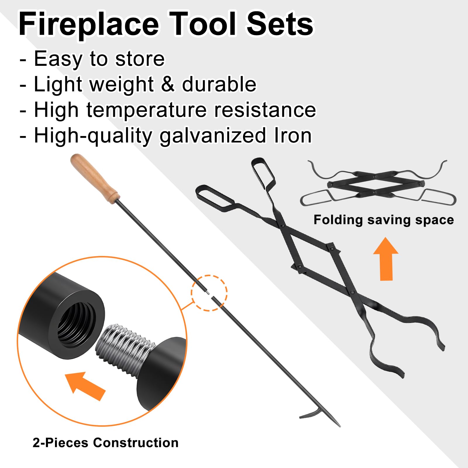Fireplace Tools Fire Pit Accessories - 25" Fireplace Tongs and 32" Poker Set - Stove Accessories Fire Tongs Solid Poker Stick Tools - Log Grabber Heavy Duty Rust Resistant for Indoor and Outdoor use