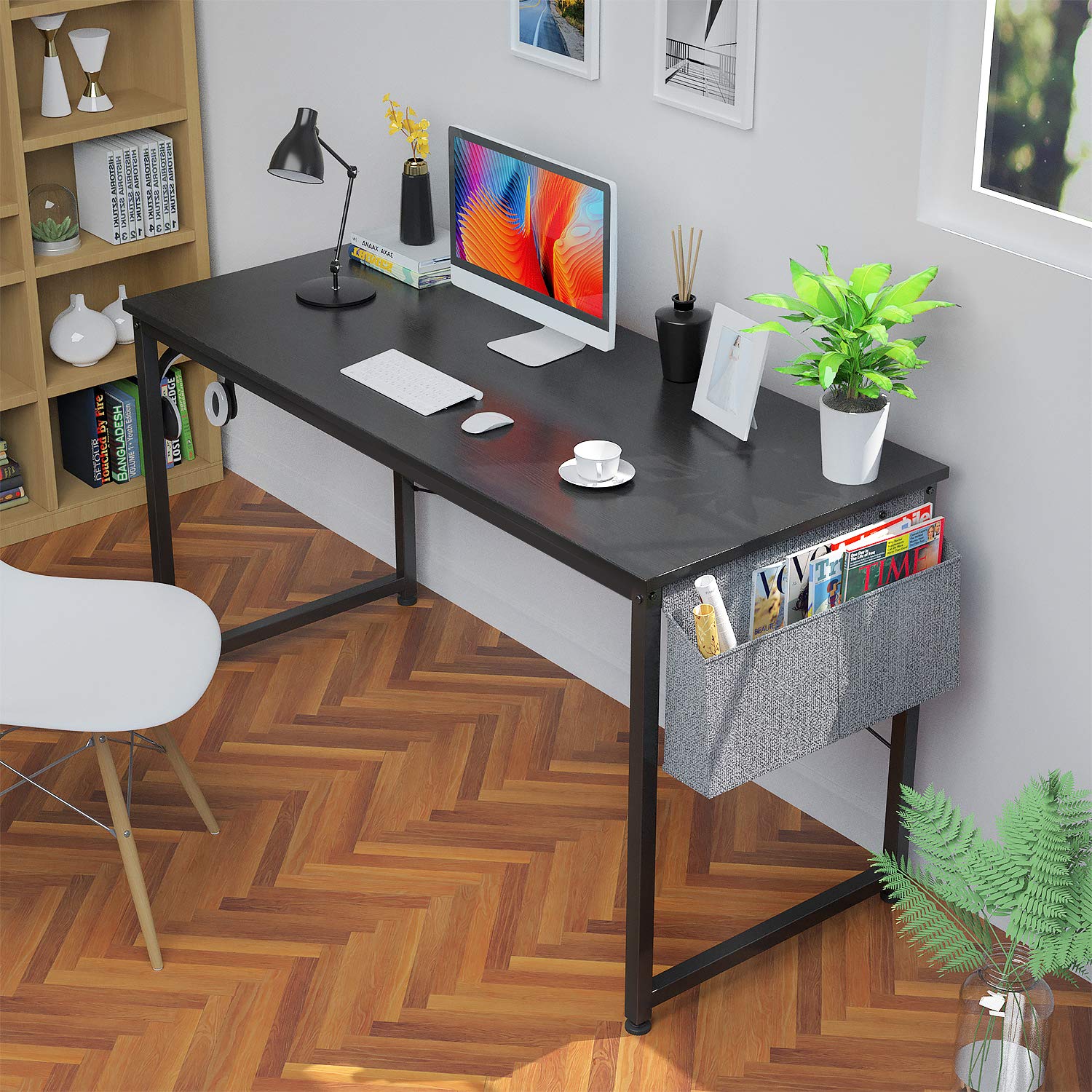 Foxemart Computer Desk Modern Sturdy Writing Study Desk Simple PC Laptop Notebook Table with Storage Bag and Iron Hook for Home Office Workstation, Black