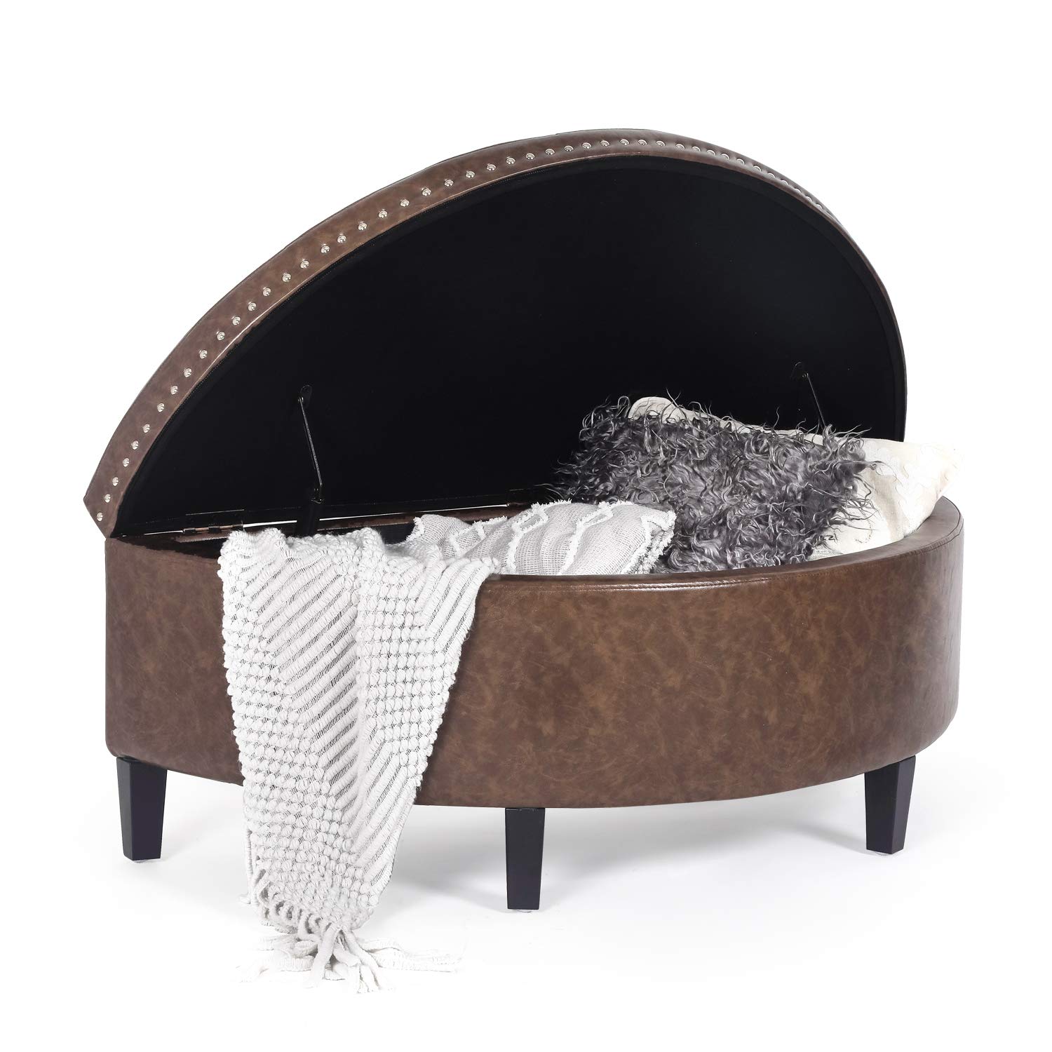 Homebeez 43.5" Half Moon Storage Ottoman Bench, Lift Top Faux Leather Storage Ottoman Bench for Bedroom Living Room (Light Brown)