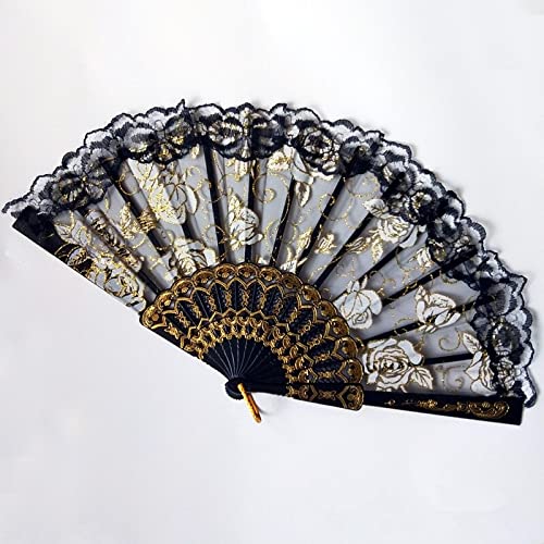 Folding Fan 1Pcs Chinese Style Folding Fan Lace Hand Held Rose Flower Folding Fan Dance Party Wedding Decor Ventilador Plegable Christmas Fan (Black)