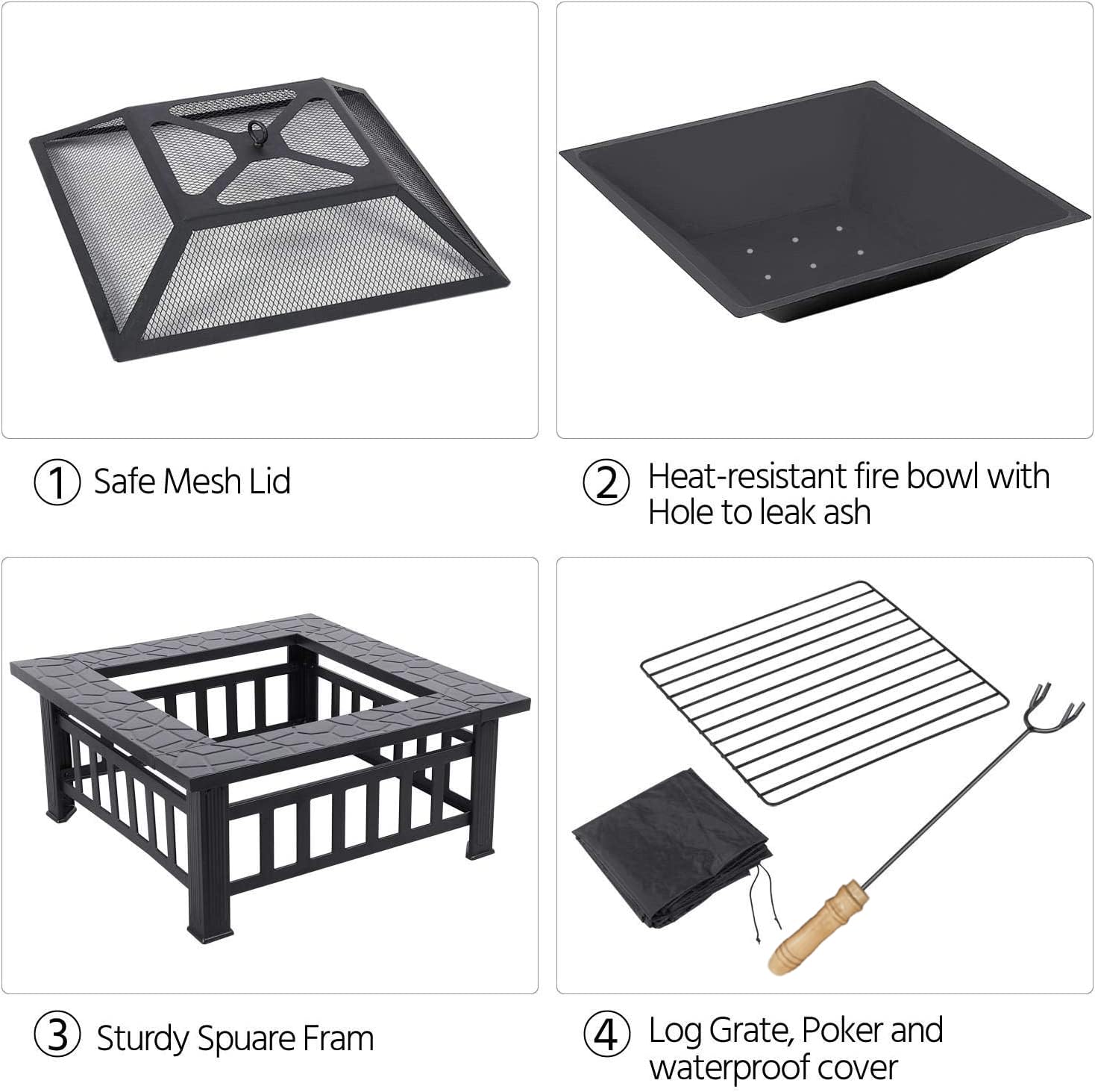 Fire Pit 32'' Wood Burning Firepit Metal Square Outdoor Fire Tables SteelFire Pit Bowl with Spark Screen Cover, Poker Log Grate for Patio Bonfire Camping Backyard Garden Picnic