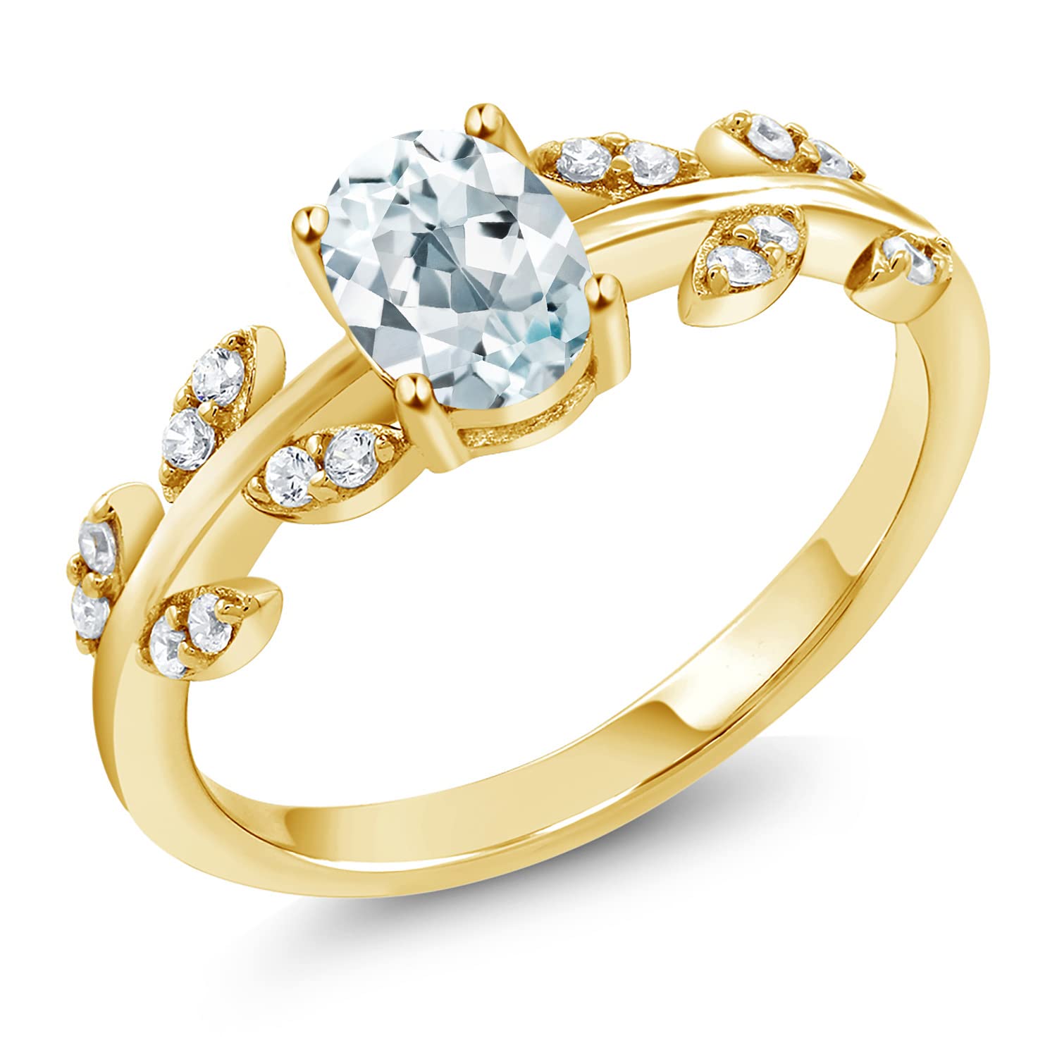 Gem Stone King 18K Yellow Gold Plated Silver 7X5MM Oval Gemstone Birthstone Twisted Olive Branch Leaf Vine Band Wedding Ring For Women | Available In Size 5, 6, 7, 8, 9