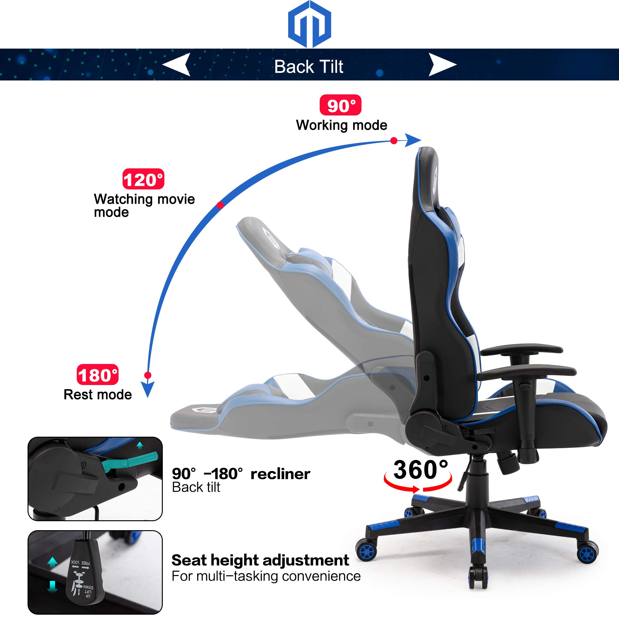 GOTMINSI Racing Gaming Chair, Adjustable High-Back Office Chair, Ergonomic Computer E-Sports Chair with PU Leather Headrest and Lumbar Support. (BK/Blue)