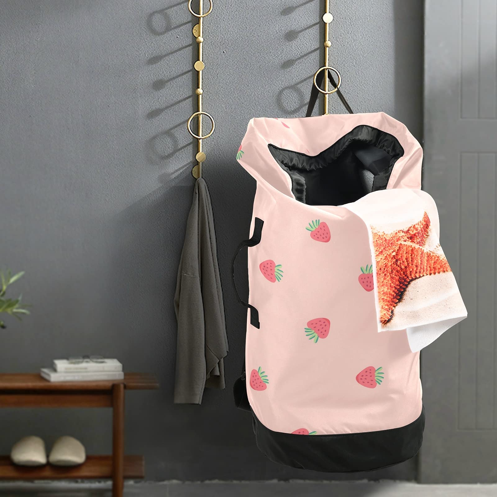 xigua Pink Strawberry Laundry Backpack Bag, Extra Large Laundry Bag with Straps, Portable Backpack Laundry Bag for College Dorm, Apartment, Laundromat