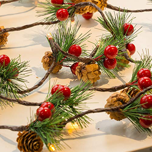 FUNPENY Christmas PineCones String Lights, 6.56Ft 20 LED Pine Needles Red Berries Fall Light Garland, Indoor Outdoor Decor for Thanksgiving Christmas Autumn Themed Party Decorations