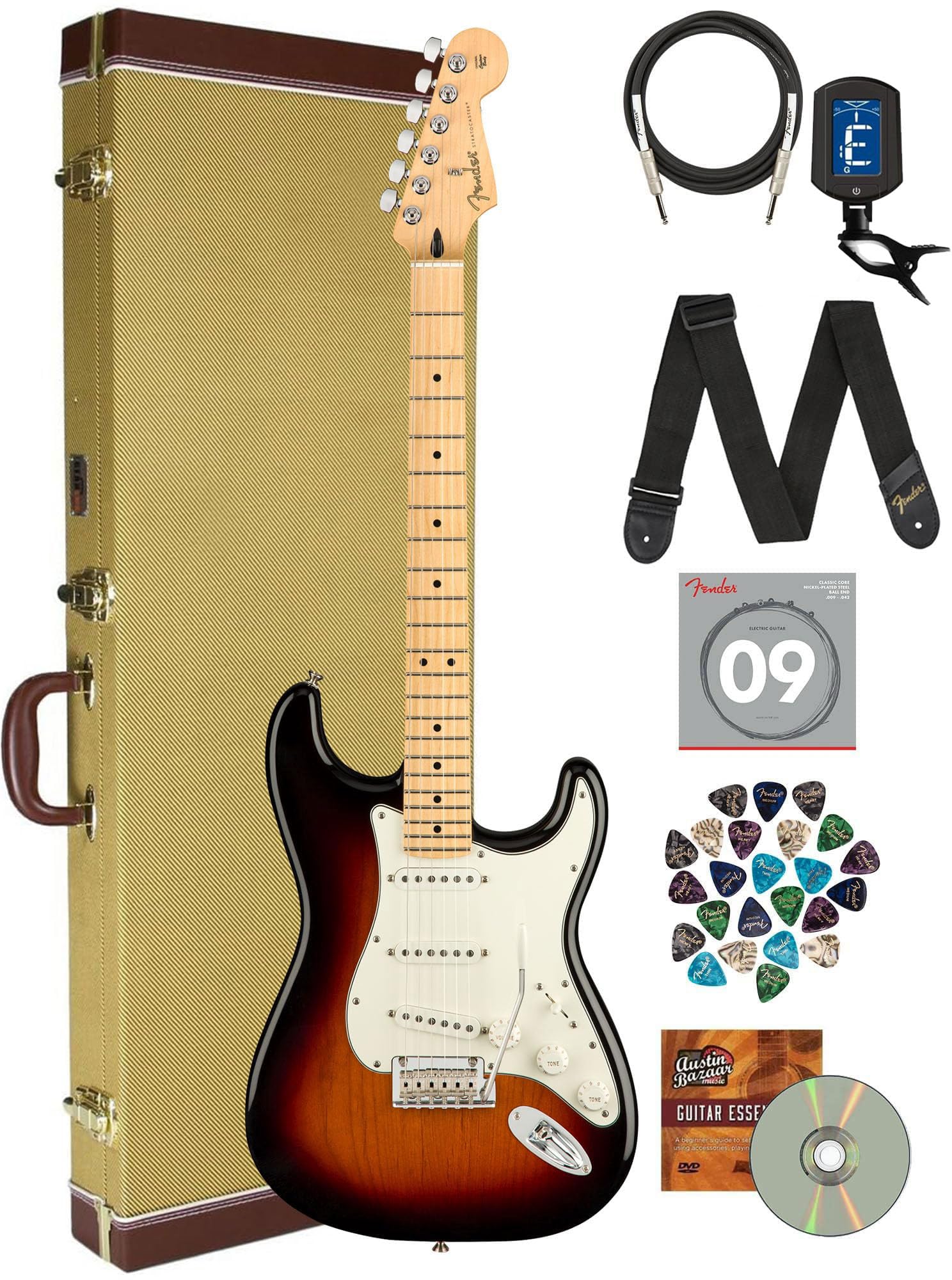 Fender Player StratocasterĀ® - Polar White Bundle w/Gig Bag, Stand, Cable, Tuner, Strap, Strings, Picks, Capo, Fender Play Online Lessons, and Austin Bazaar Instructional DVD