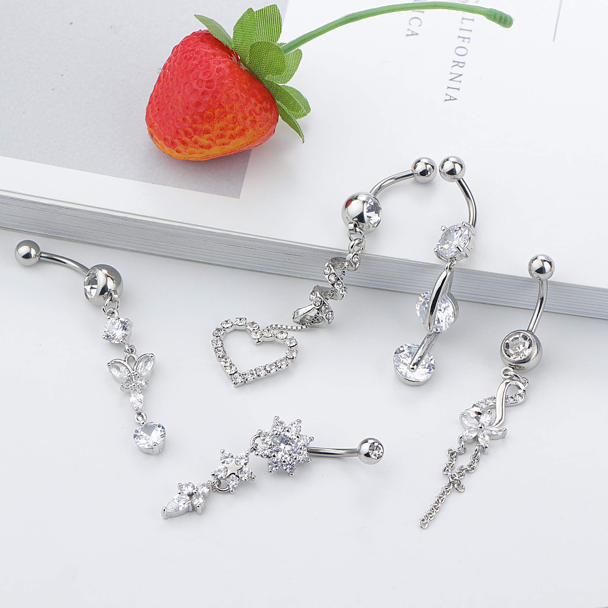 FUNRUN JEWELRY 8PCS 14 G Stainless Steel Dangle Belly Button Ring Navel Piercing Clear CZ Inlay Body Piercing Jewelry Barbell Silver Tone