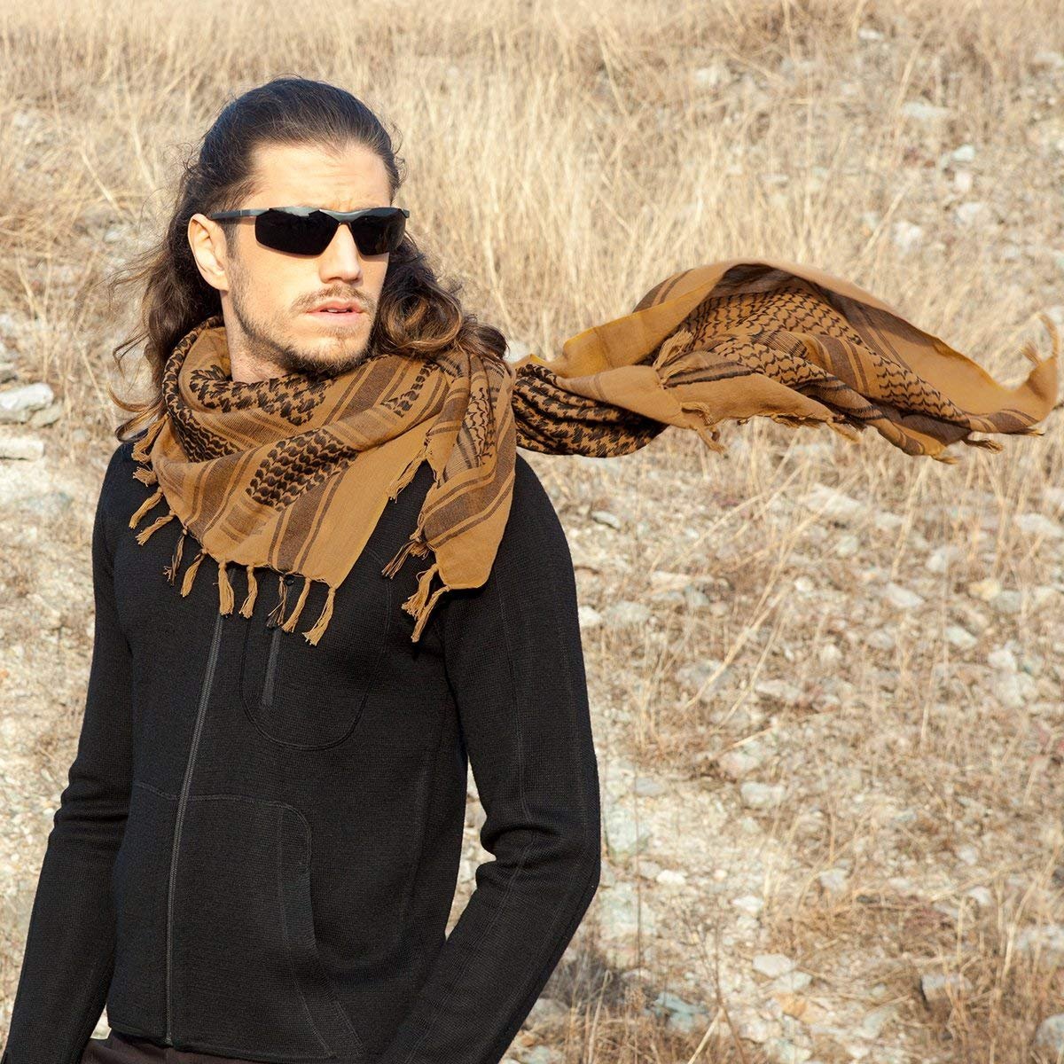 FREE SOLDIER Scarf Military Shemagh Tactical Desert Keffiyeh Head Neck Scarf Arab Wrap with Tassel 43x43 inches (Amber Brown)
